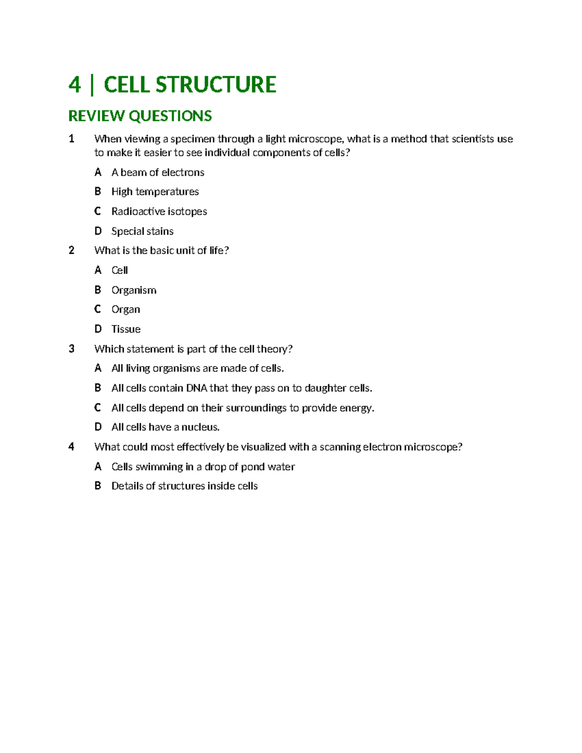 Cells - practice cell function - 4 | CELL STRUCTURE REVIEW QUESTIONS 1 ...