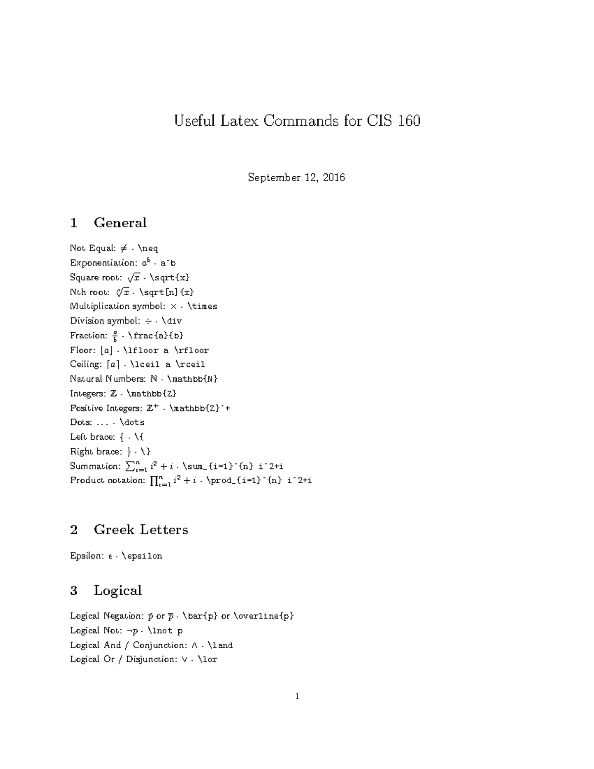 Useful latex commands - Lecture notes All - Useful Latex Commands for ...