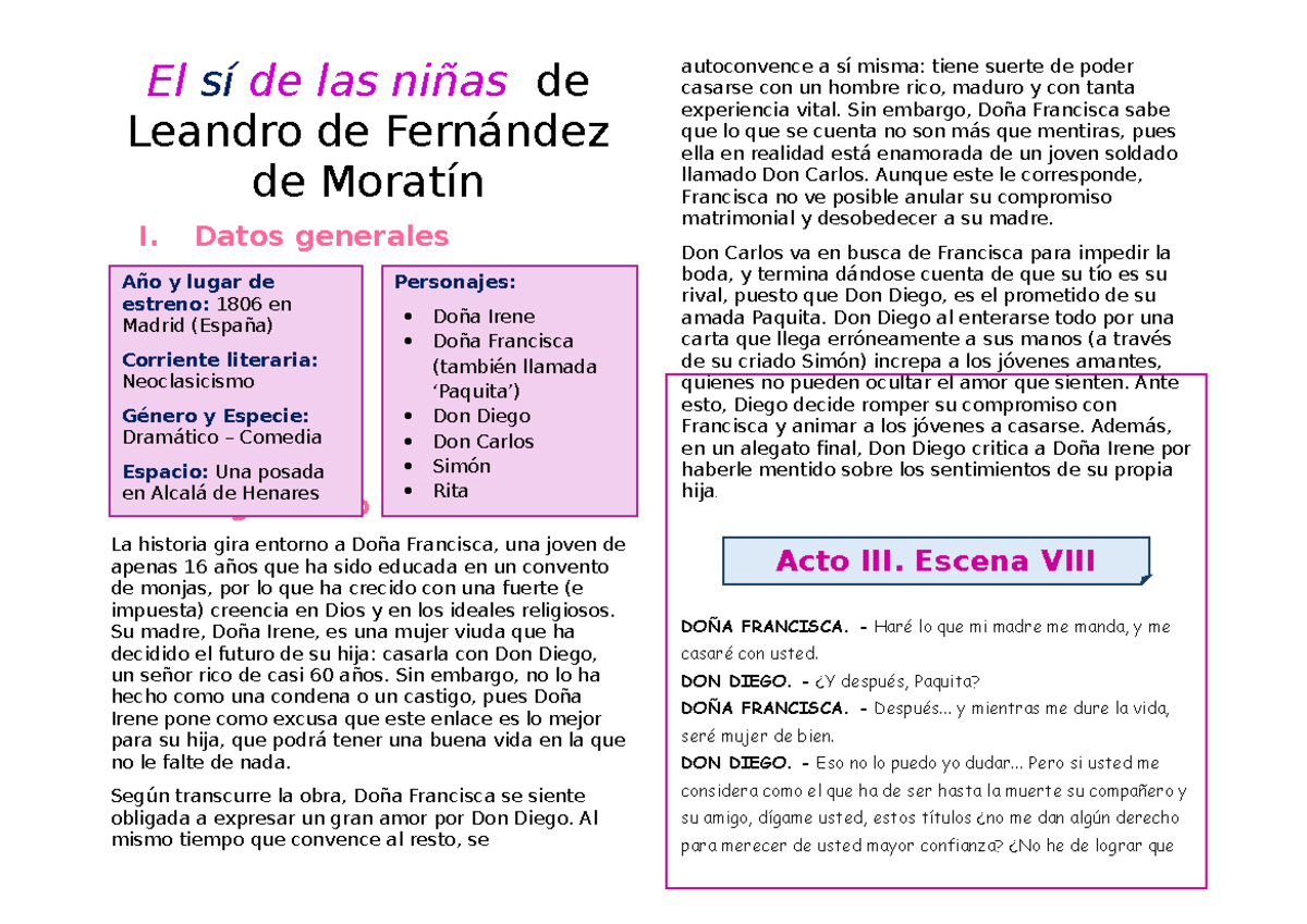 Ficha de Lectura (El sí de las niñas) - El sí de las niñas de Leandro ...
