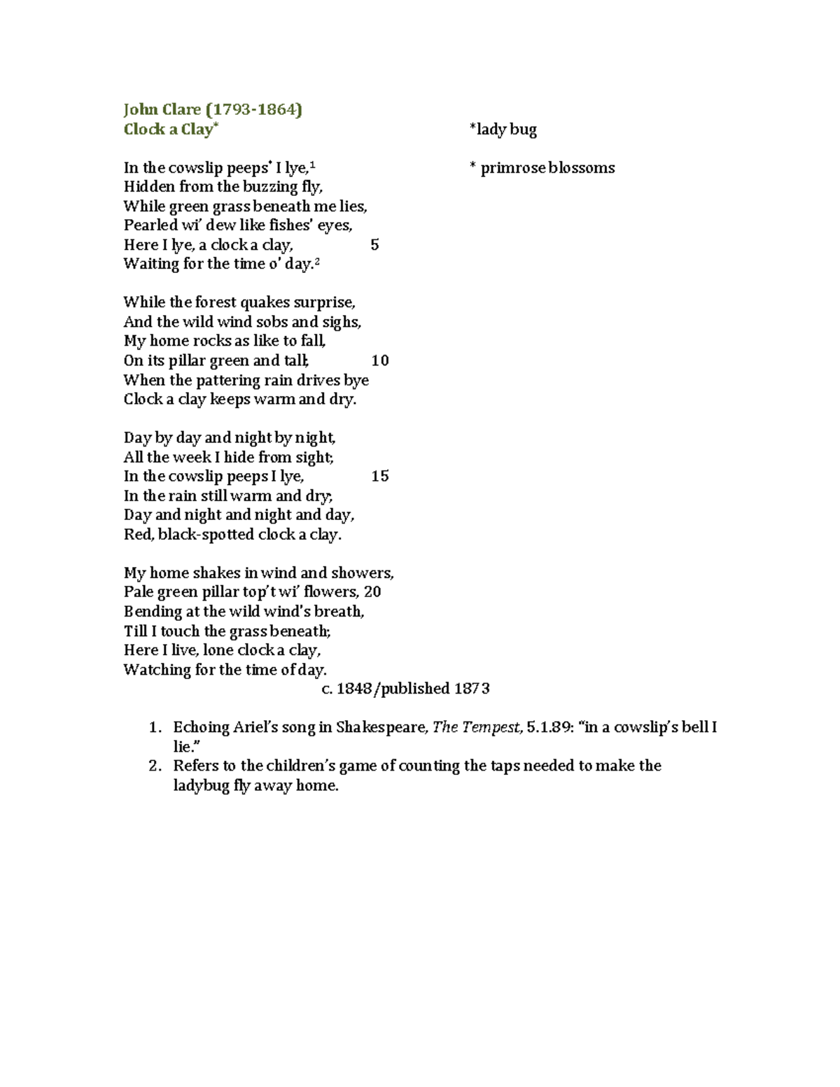 115.20 John Clare Poems - ENGL 115W - SFU - Studocu