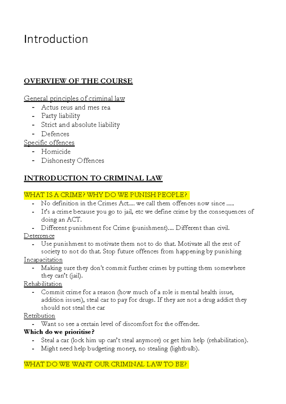 Criminal Law - Introduction - OVERVIEW OF THE COURSE General principles ...