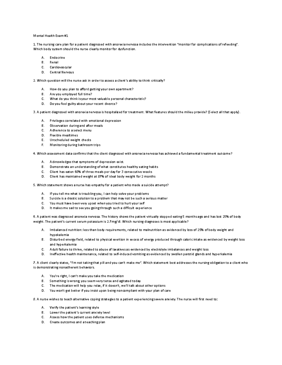 Mental Health Exam 1 Guide 50 question - Mental Health Exam # The ...