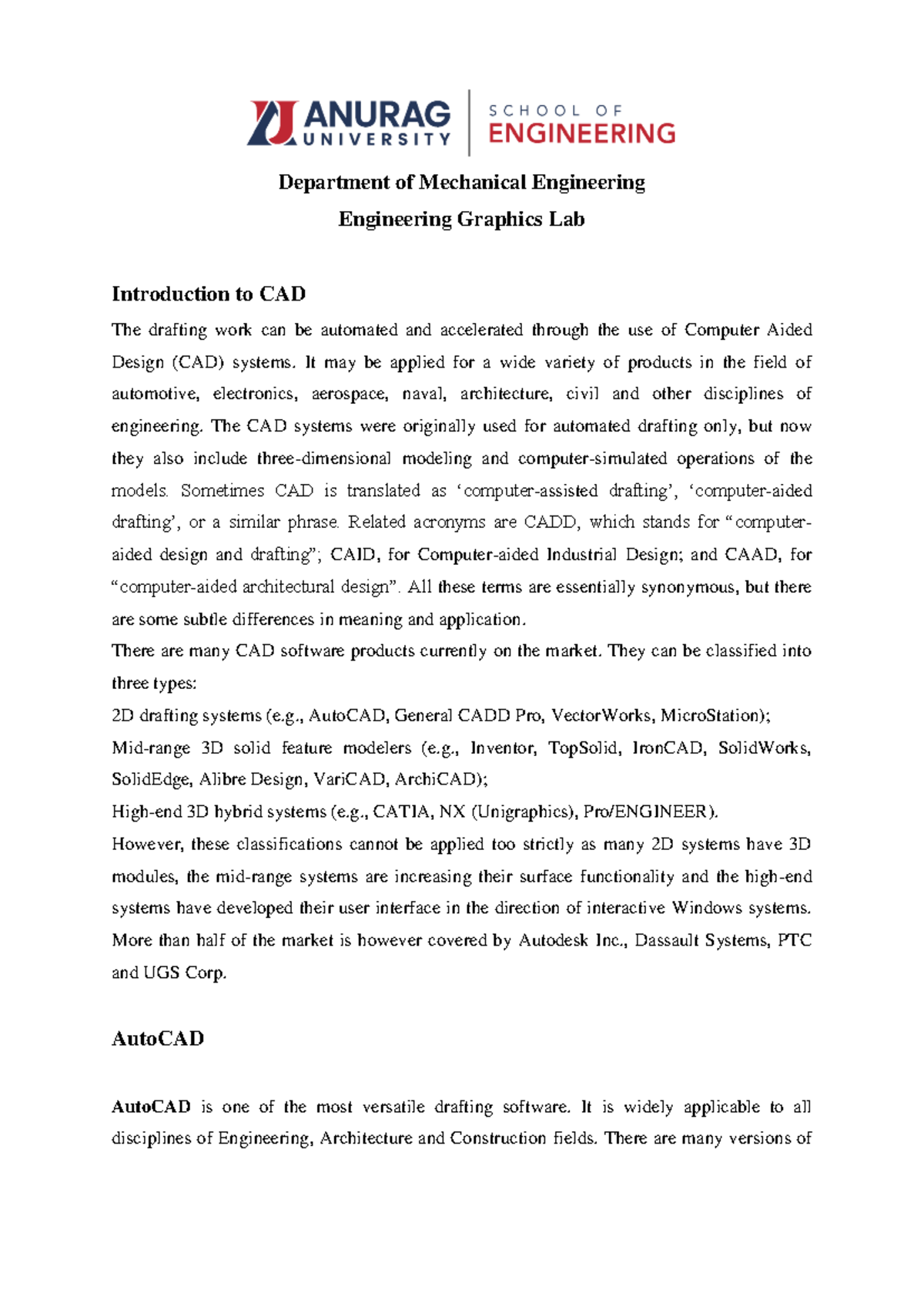Introduction to Autocad - Department of Mechanical Engineering Engineering Graphics Lab ...