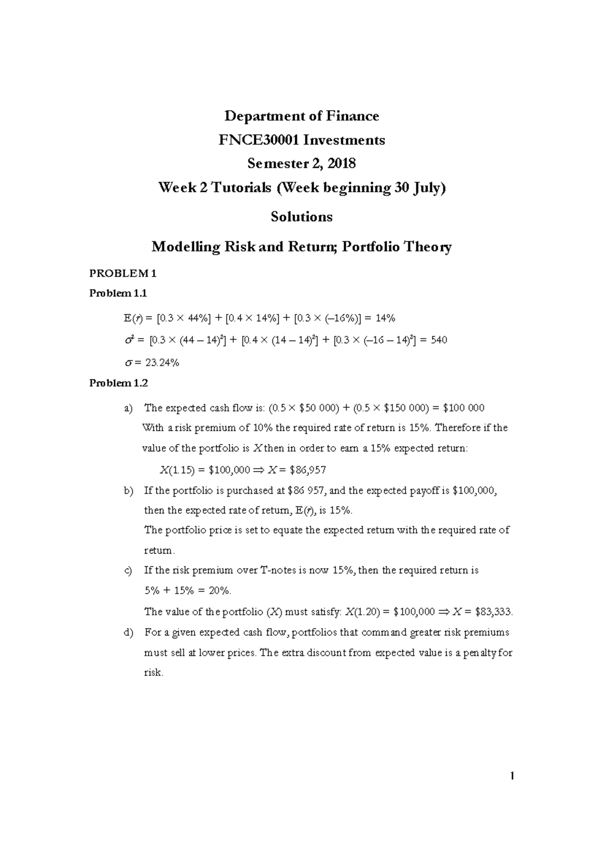 Tutorial 2 solutions - Department of Finance FNCE30001 Investments ...