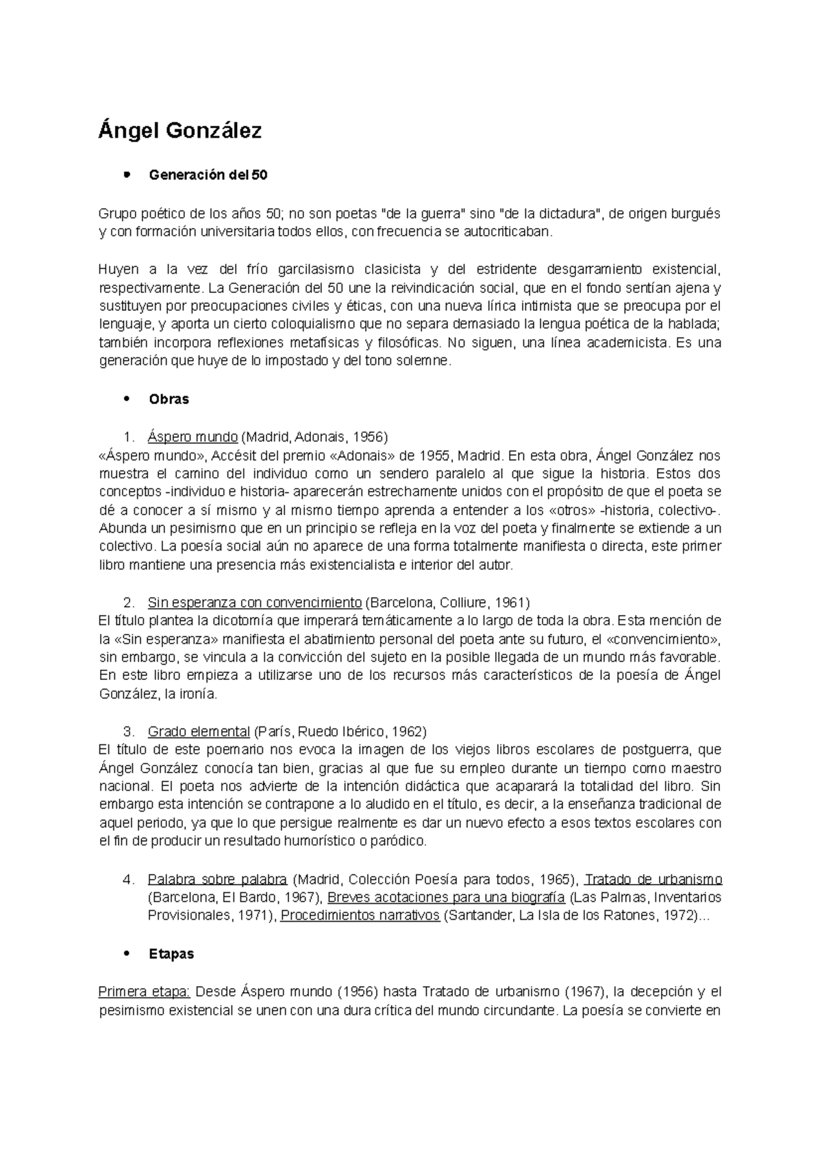 Teoría Ángel González - Teoria sin revisar - Ángel González Generación del 50 Grupo poético de ...