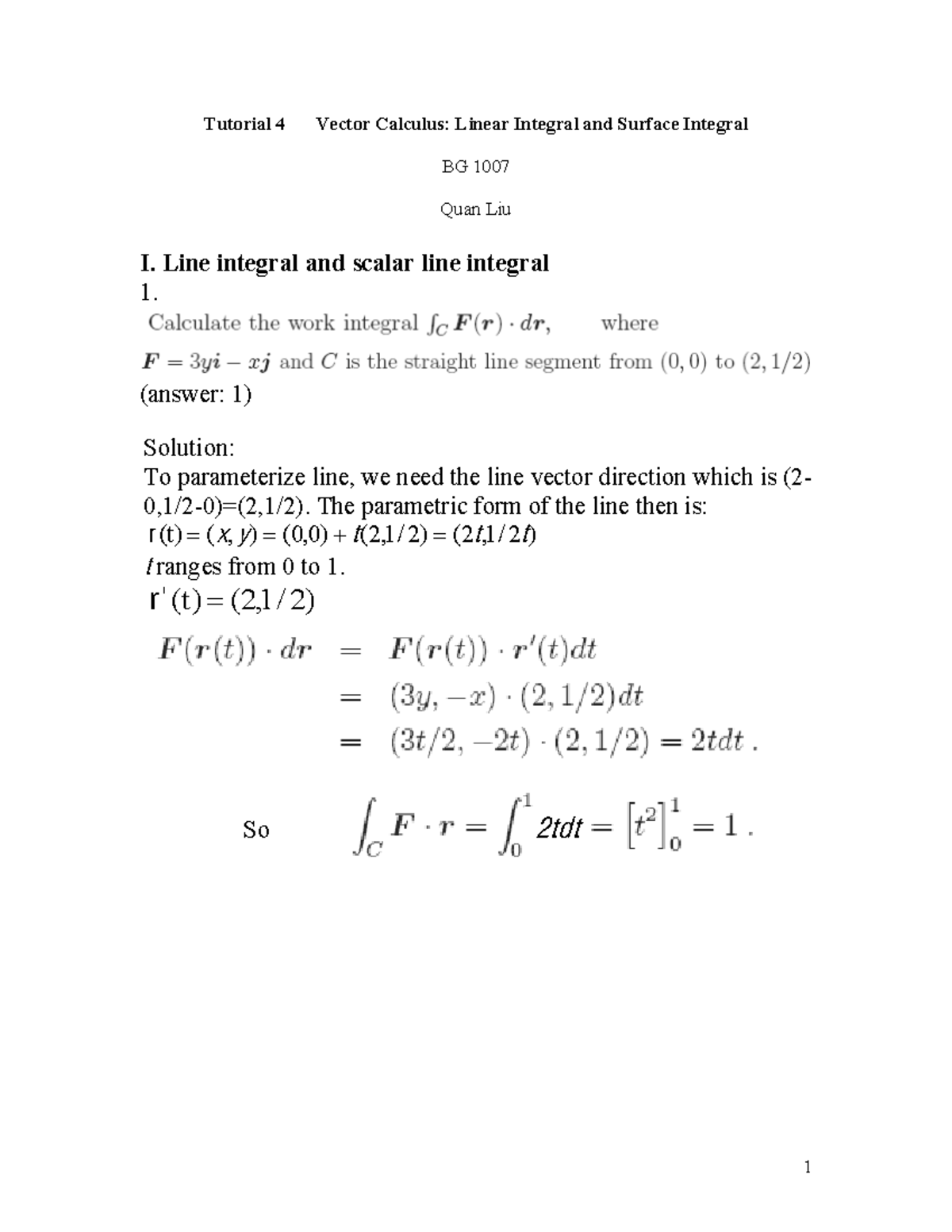 Tutorial 4 - Vector Calculus Solutions - Tutorial 4 Vector Calculus: Linear Integral and Surface ...
