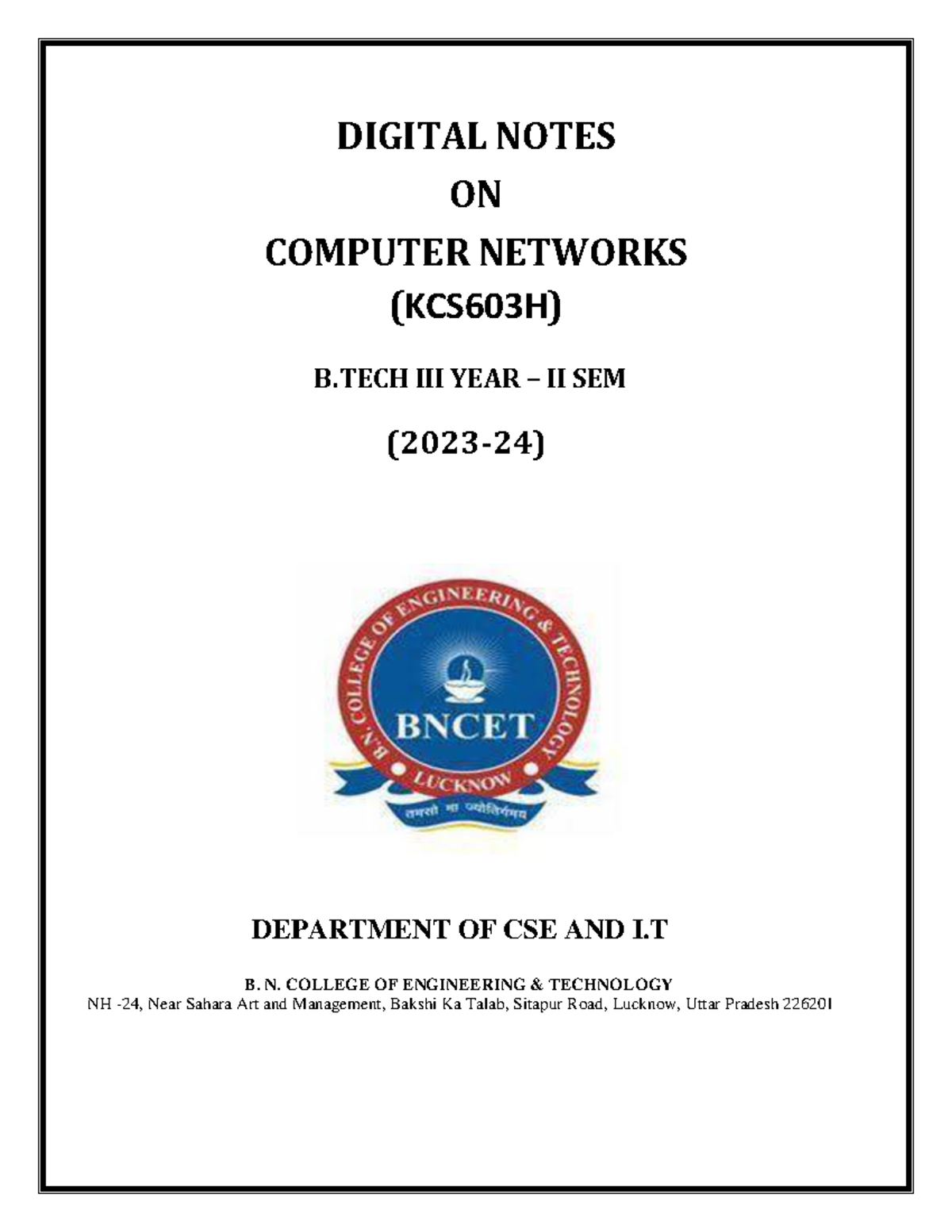 CN unit-1 - DIGITAL NOTES ON COMPUTER NETWORKS (KCS603H) B III YEAR ...