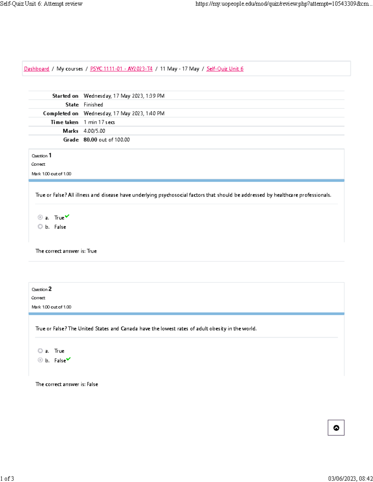 Self Quiz Unit 6 Attempt Review Started On Wednesday 17 May 2023 1 39 Pm State Finished