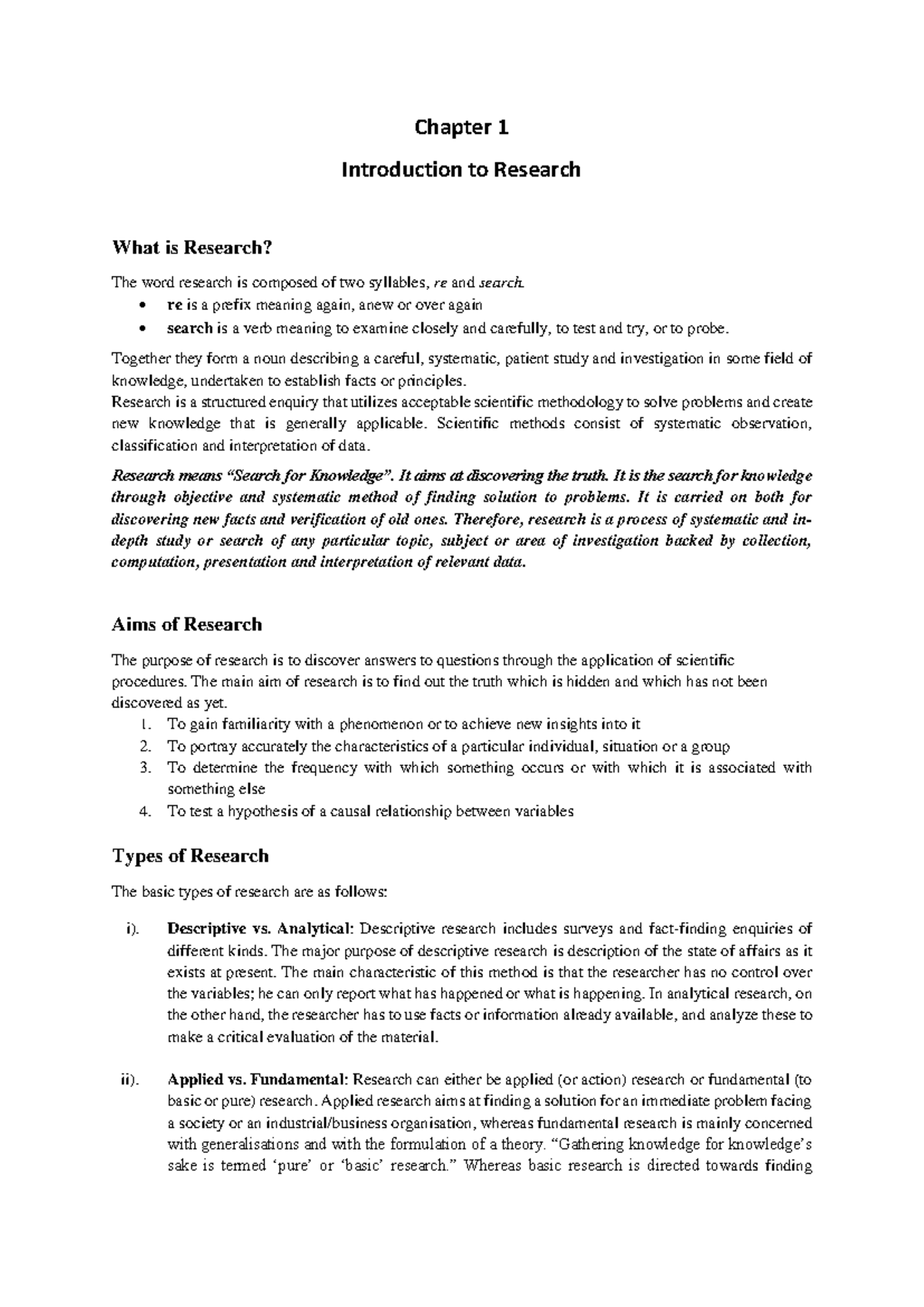 Seminar Ch1 Notes 2023-2024 - Chapter 1 Introduction to Research What ...