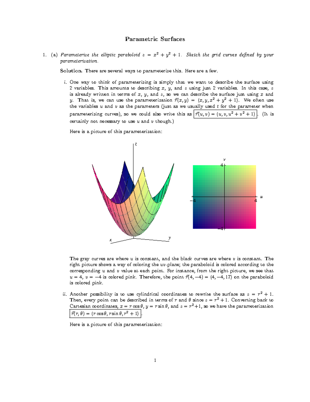 Worksheet 10-sols - review - Parametric Surfaces (a) Parameterize the elliptic paraboloid z = x ...