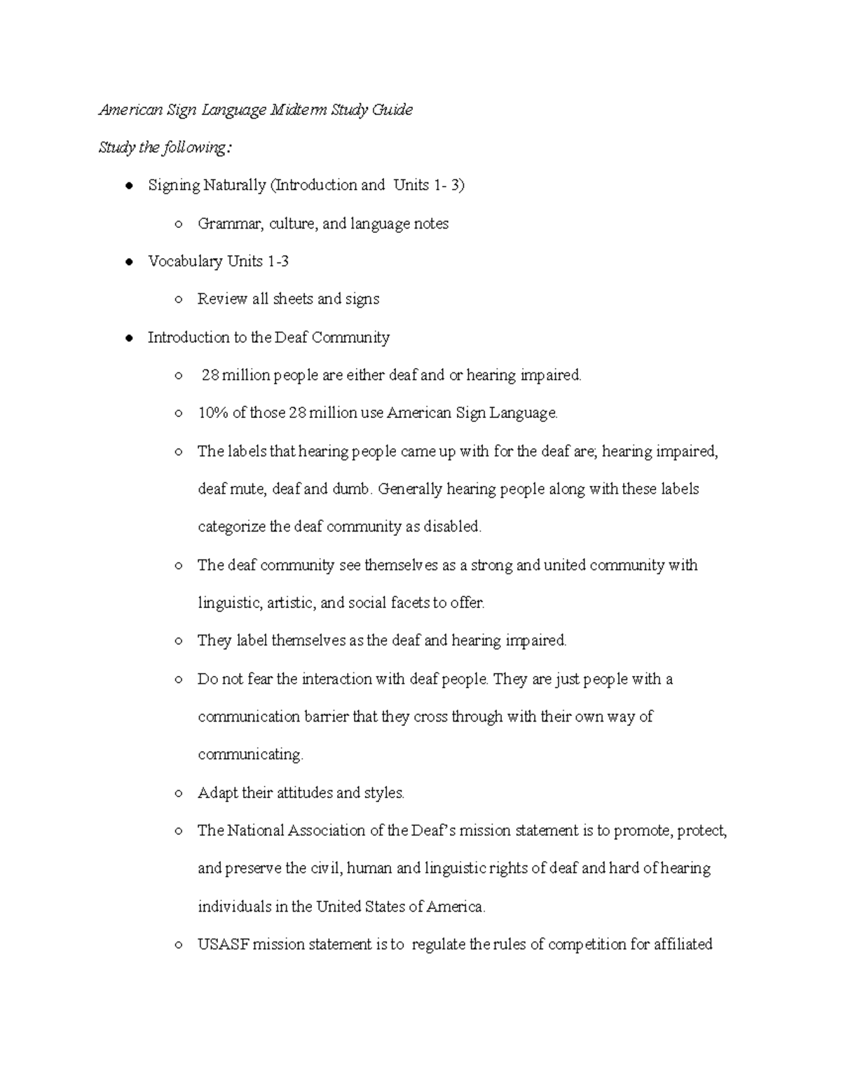 ASL 1 Midterm Study Guide - American Sign Language Midterm Study Guide ...