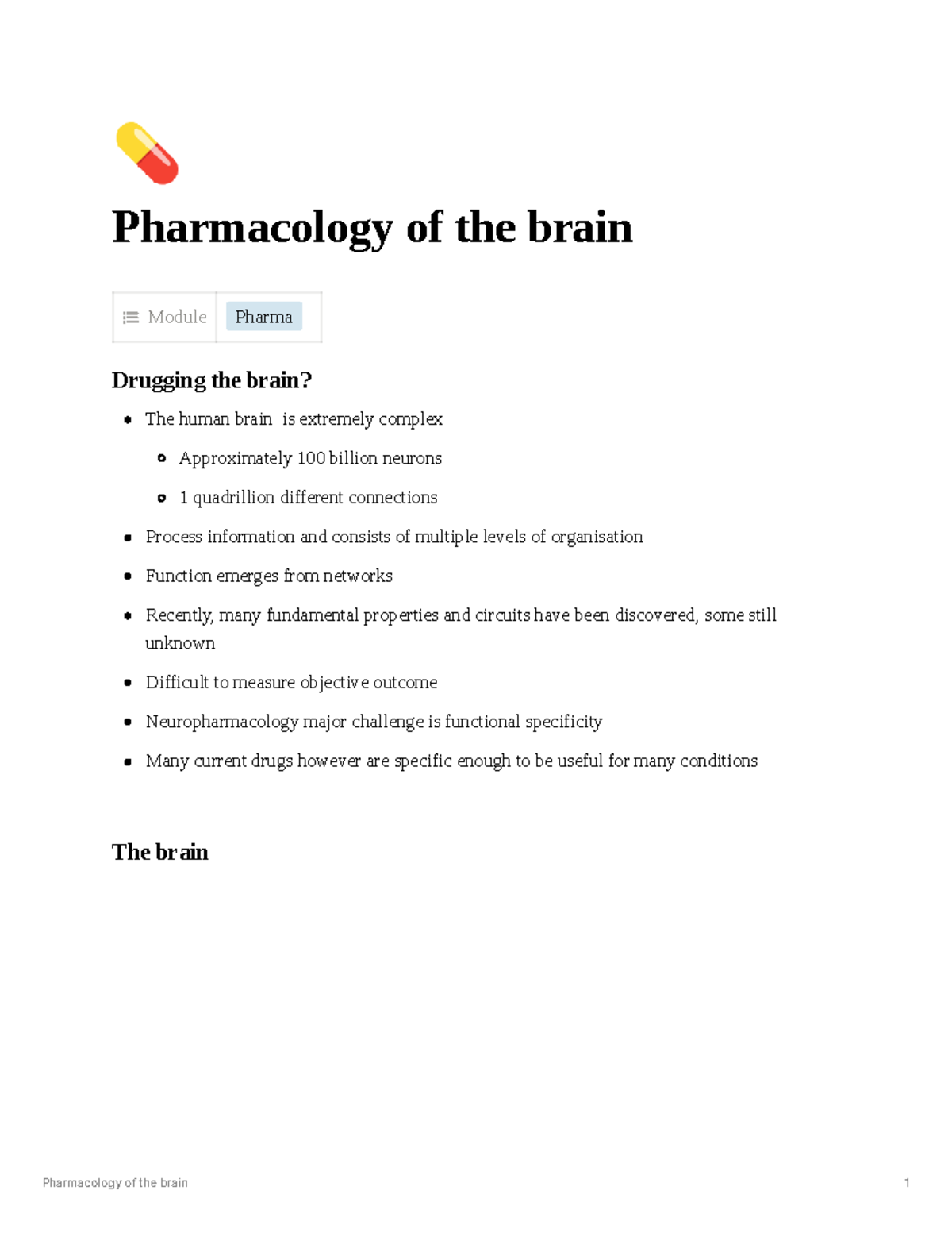 Pharmacology of the brain - 💊 Pharmacology of the brain Module Pharma ...