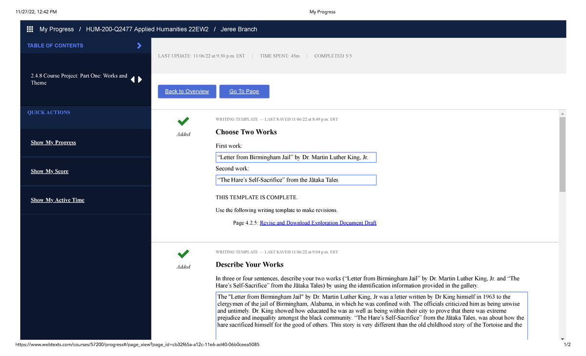 2.4.8 Course Project Part One Works and Theme - 11/27/22, 12:42 PM My Progress - Studocu