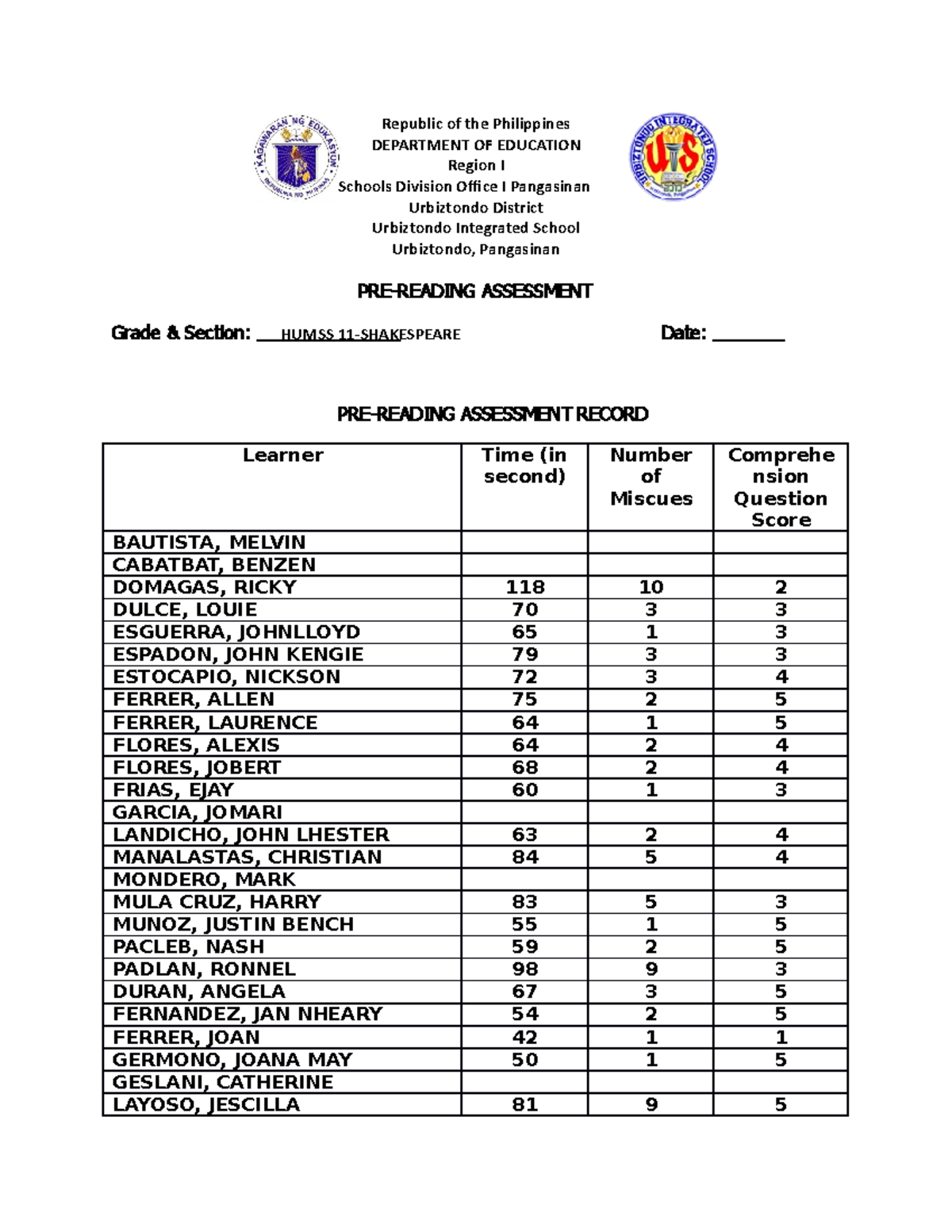 Assessment- Record- Sheet - Republic of the Philippines DEPARTMENT OF ...