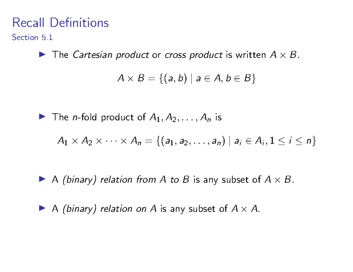 Slides Week 7(And Week 8) - Recall Definitions Section 5. I The ...