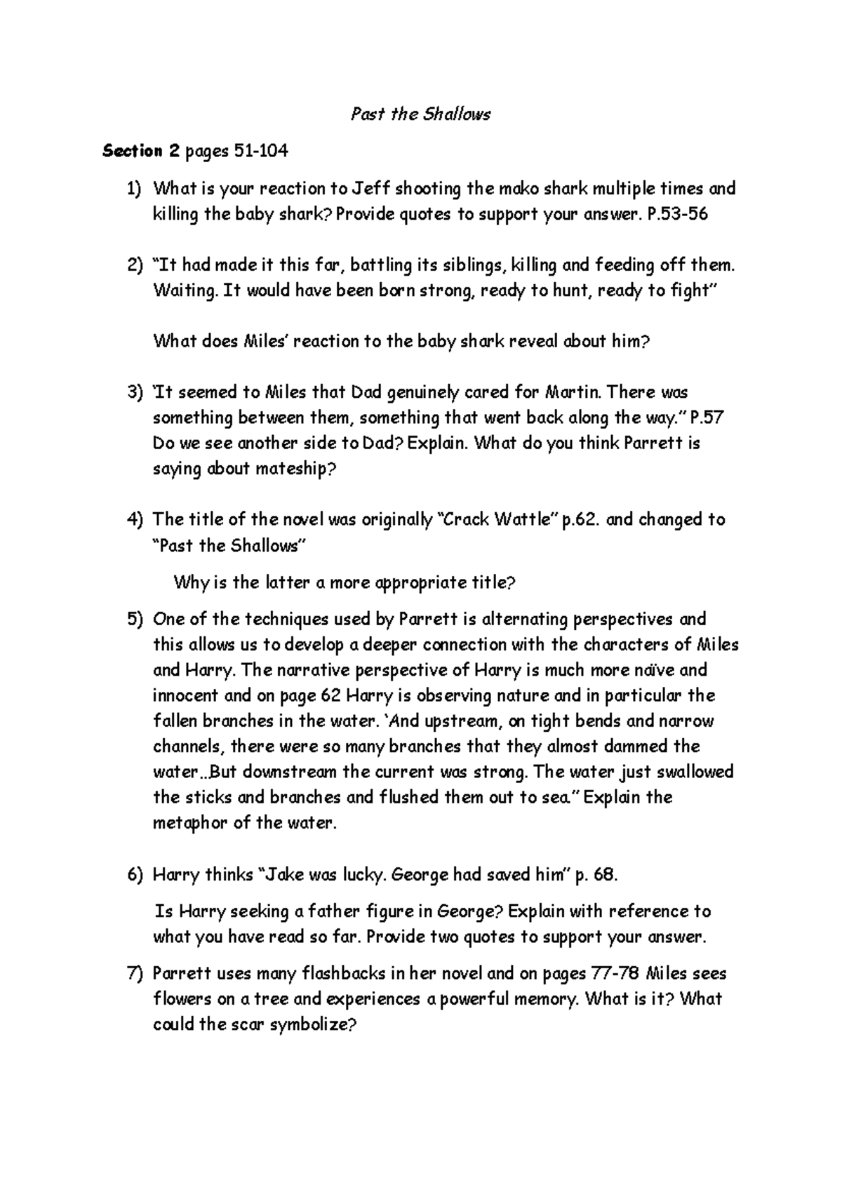 Past the Shallows Part 2 Study Guide - Pages 51-104 - Past the Shallows ...