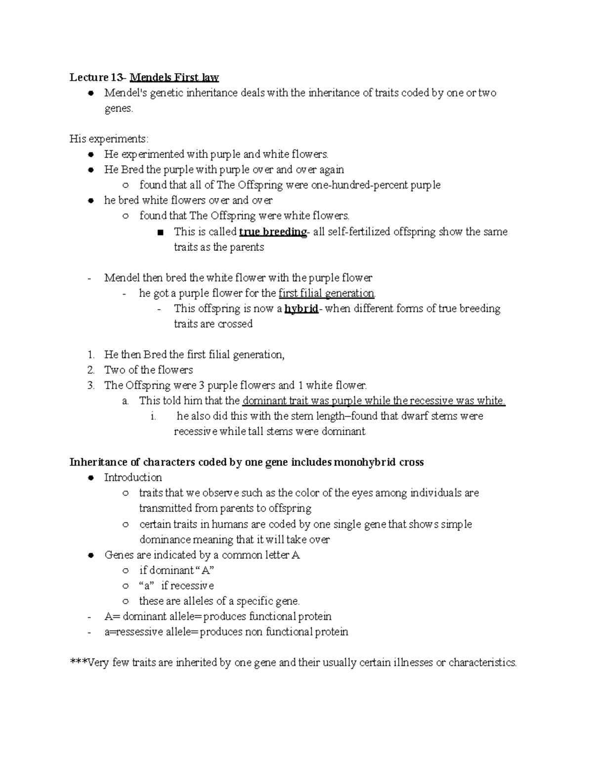 UNIT 4 study guide - Lecture 13- Mendels First law Mendel's genetic ...