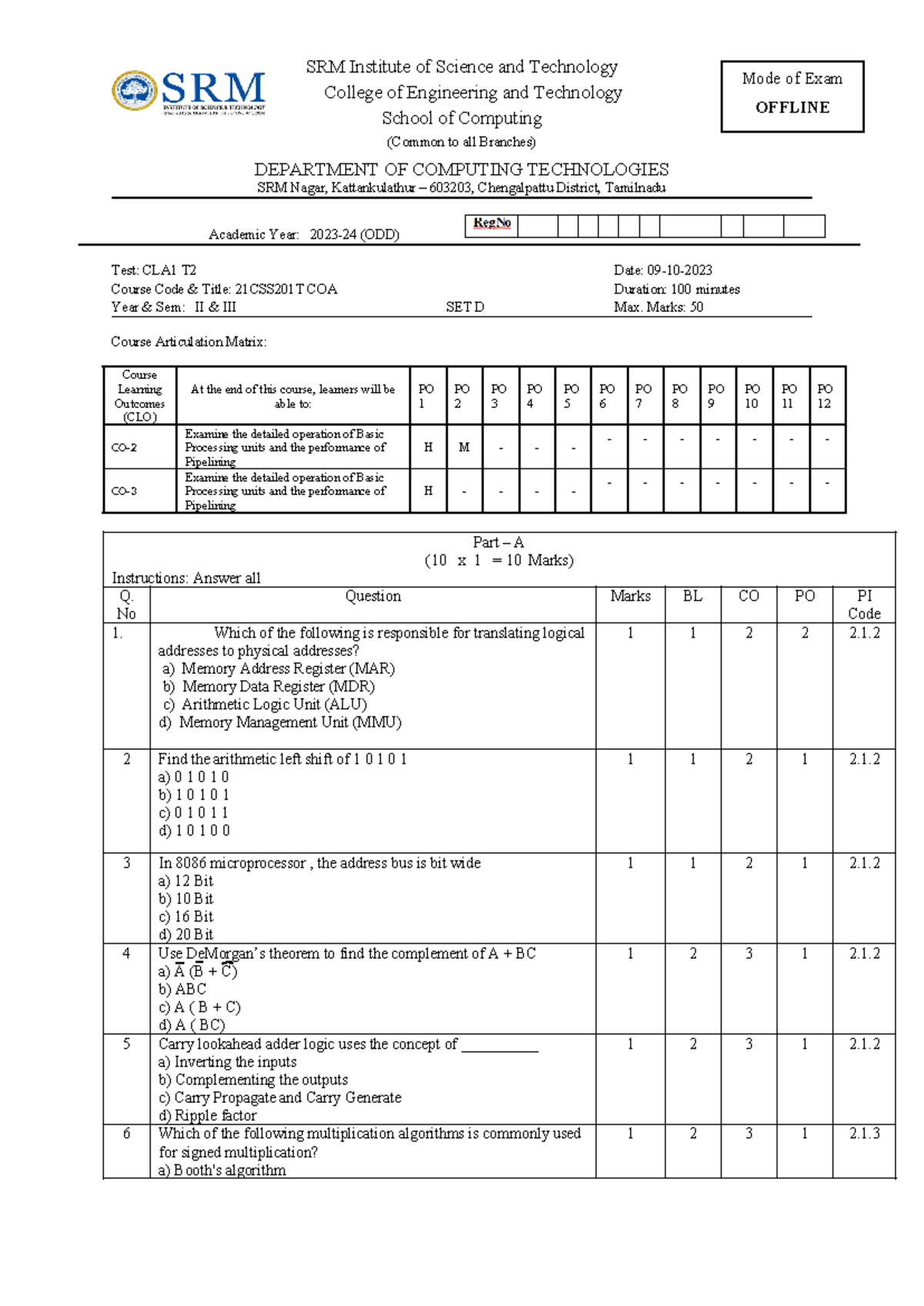 COA CT2 QP Set D - CT Question Paper - SRM Institute of Science and ...