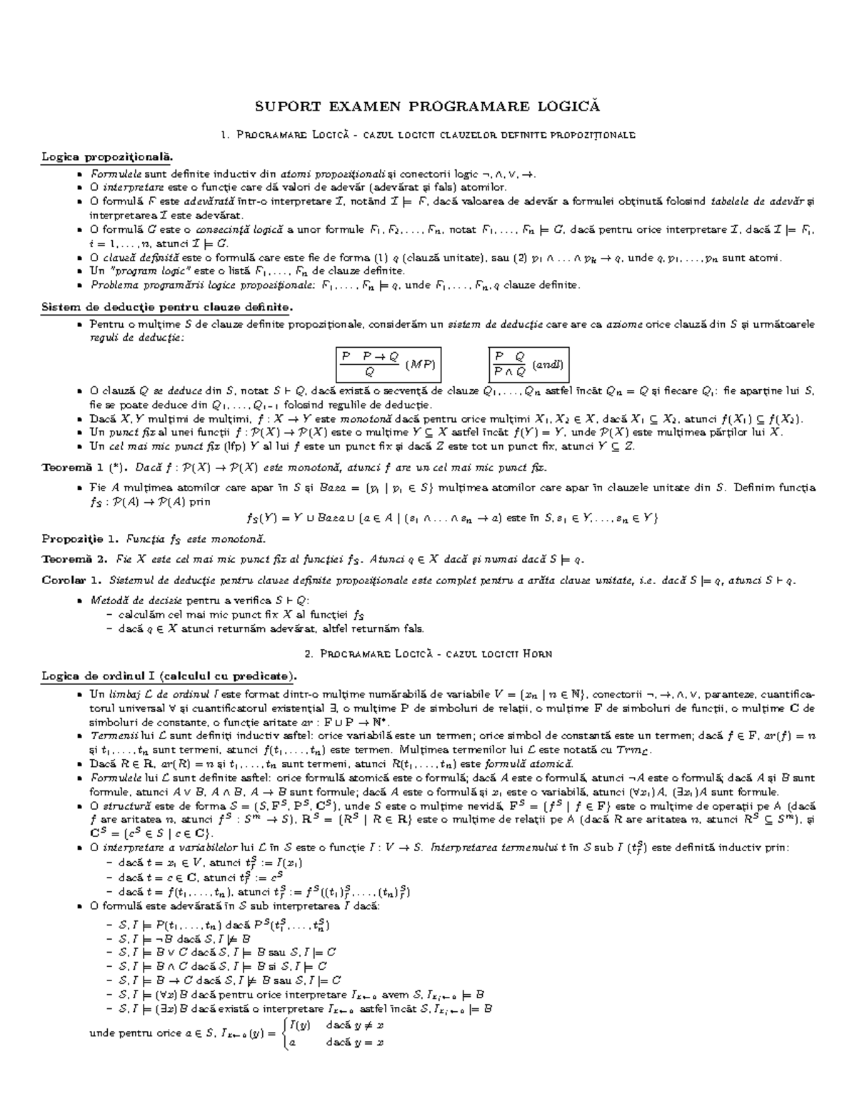Suport Examen PL - SUPORT EXAMEN PROGRAMARE LOGICA cazul logicii clauzelor definite propozit 1 ...