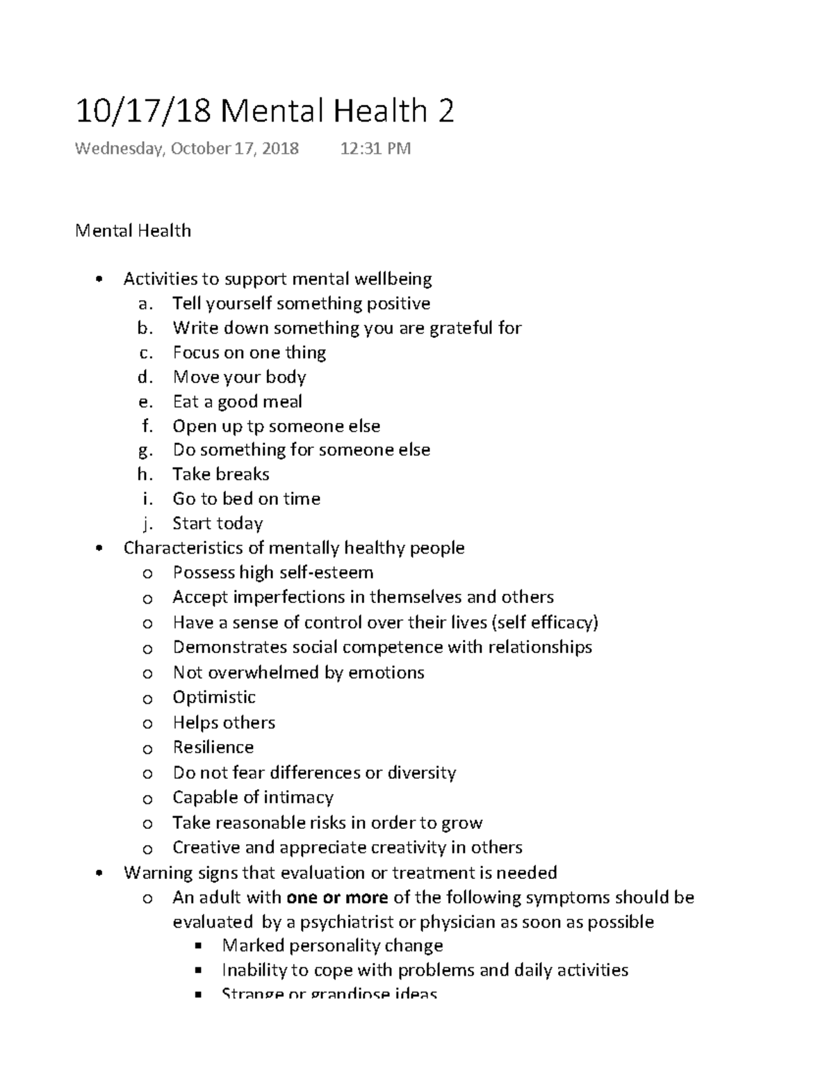 Mental Health Part 2 - 10/17/18 Mental Health 2 Wednesday, October 17 ...