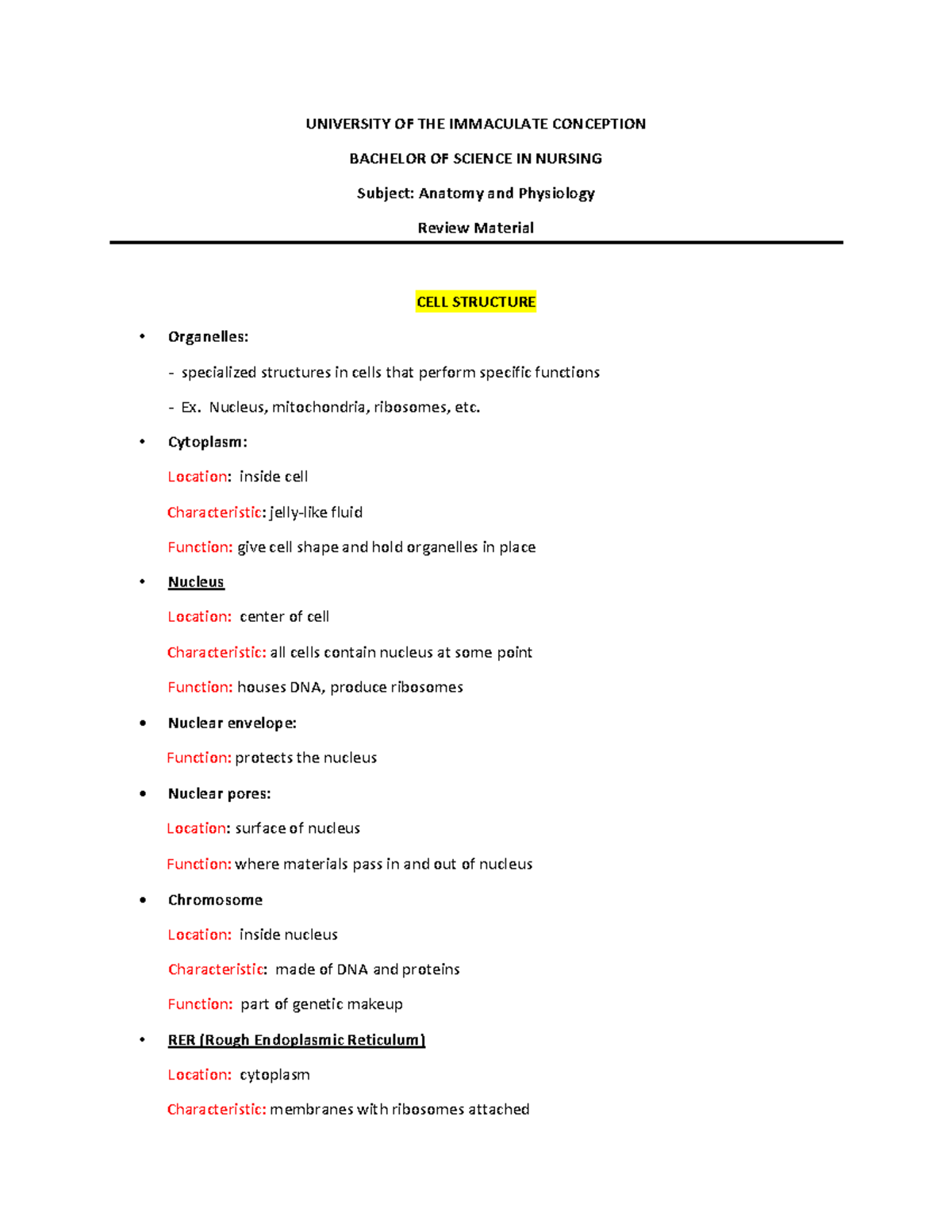 Anatomy and Physiology Review Notes - UNIVERSITY OF THE IMMACULATE ...