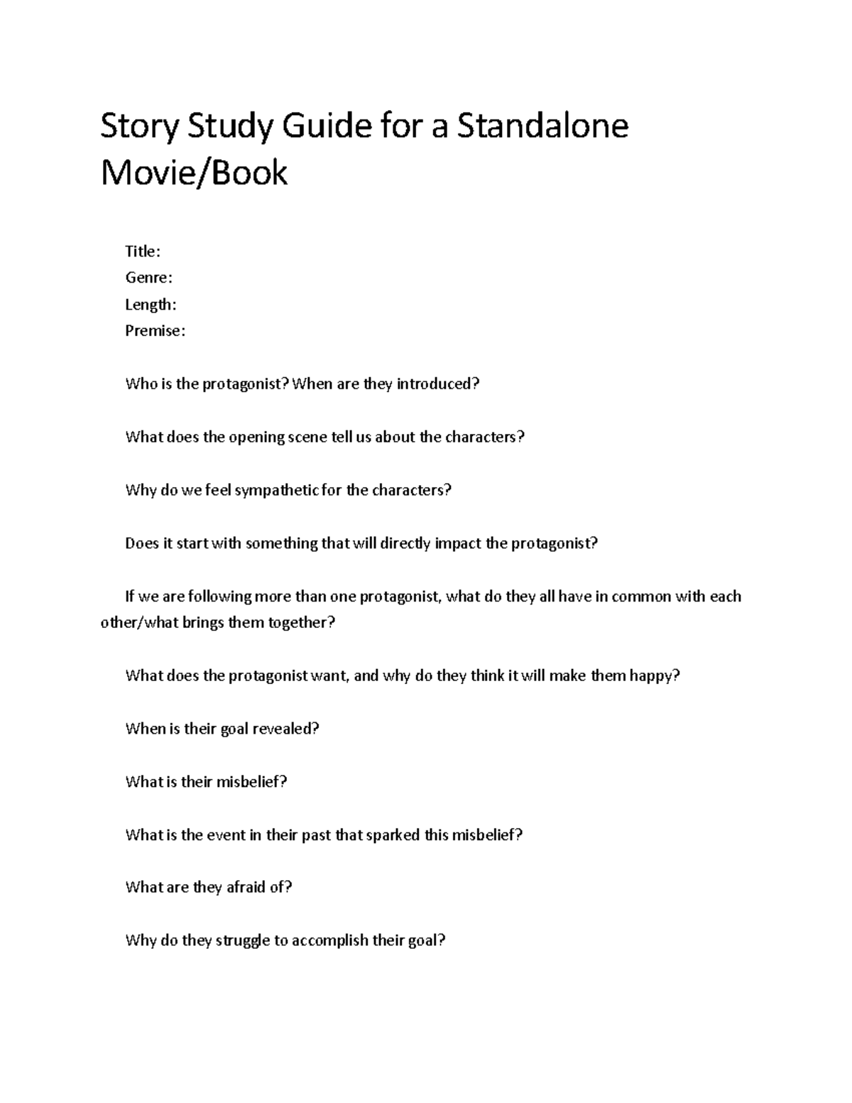 Story Study Guide for Standalone Movie - Story Study Guide for a ...