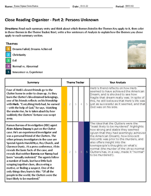 Close Reading Organizer - Part 3- In Cold Blood Eng 102 - Marie, like ...