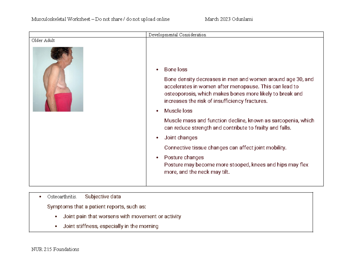 Musculoskeletal Worksheet - Developmental Consideration Older Adult ...