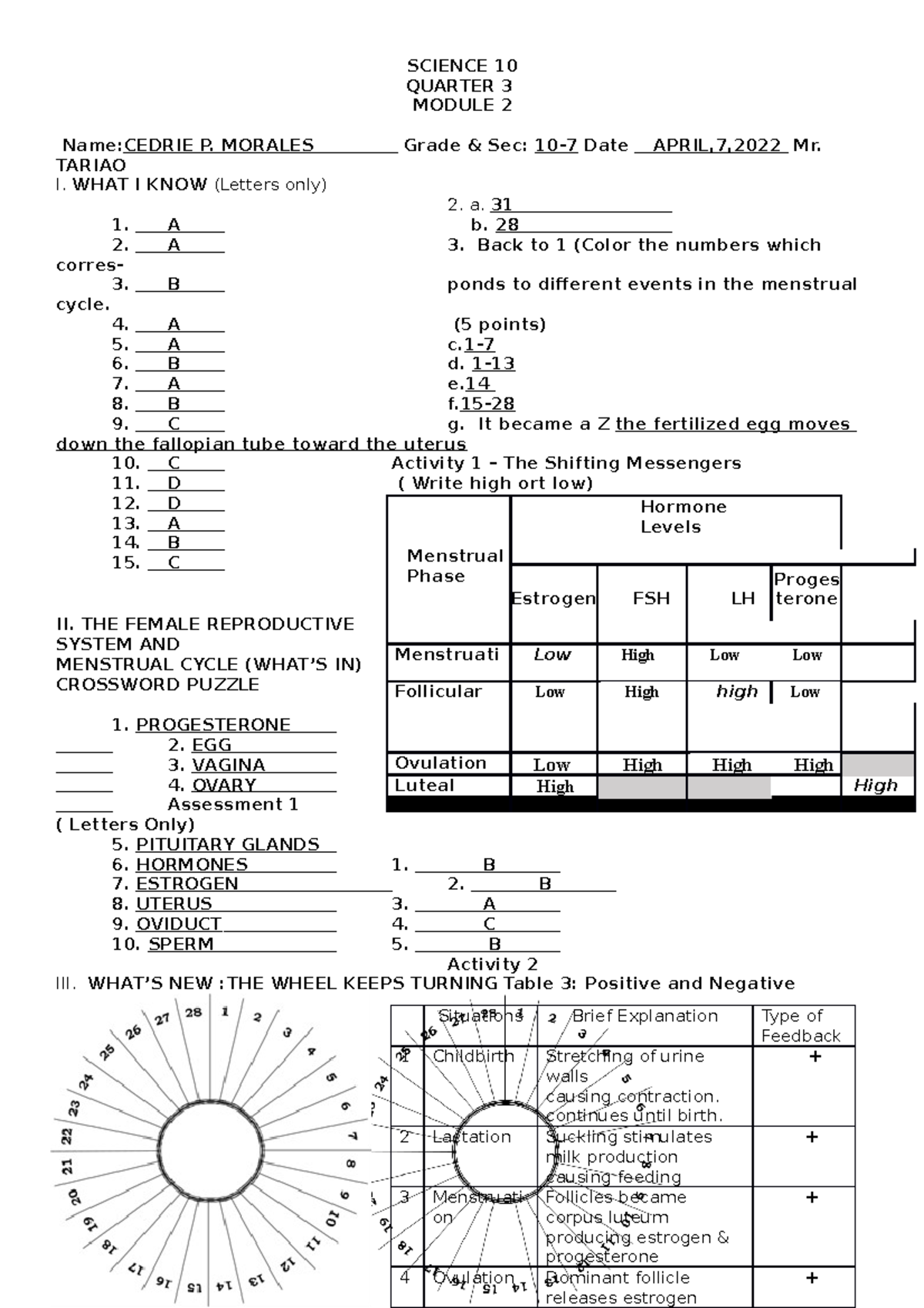 Answer Sheet Pattern Quarter 3 Module 2 - SCIENCE 10 QUARTER 3 MODULE 2 ...