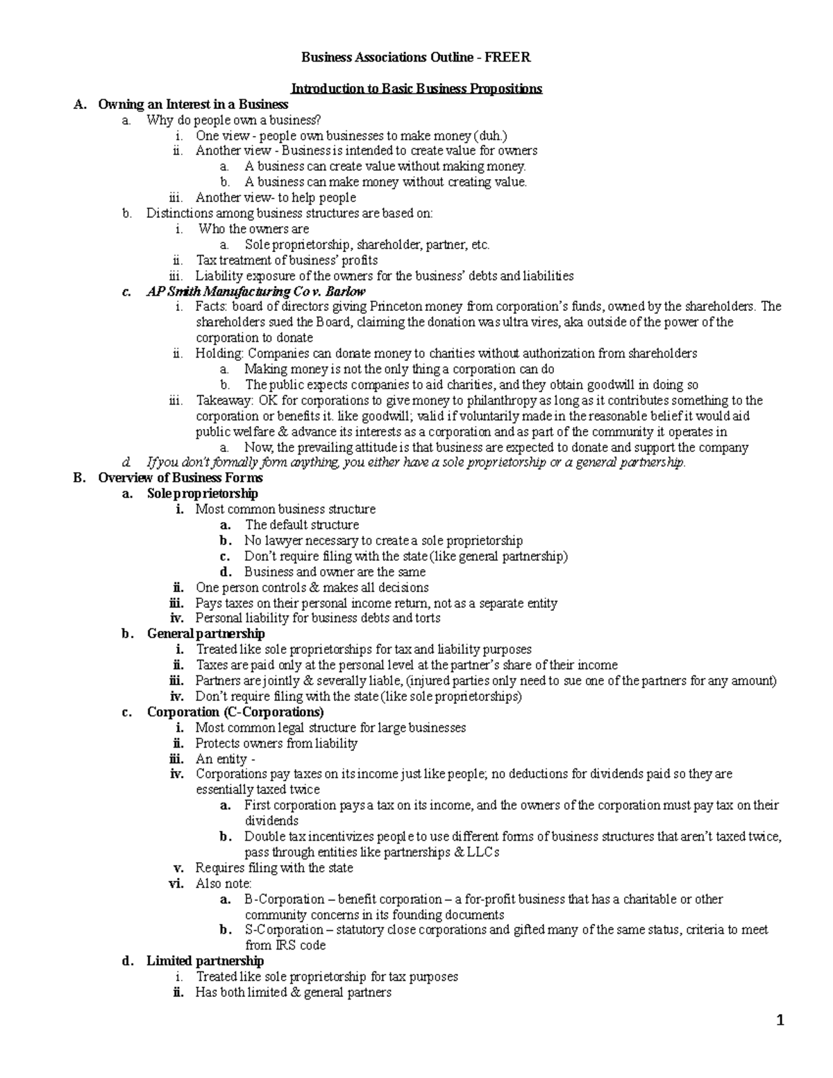 Business Associations Freer 2017 - Business Associations Outline - FREER Introduction to Basic ...