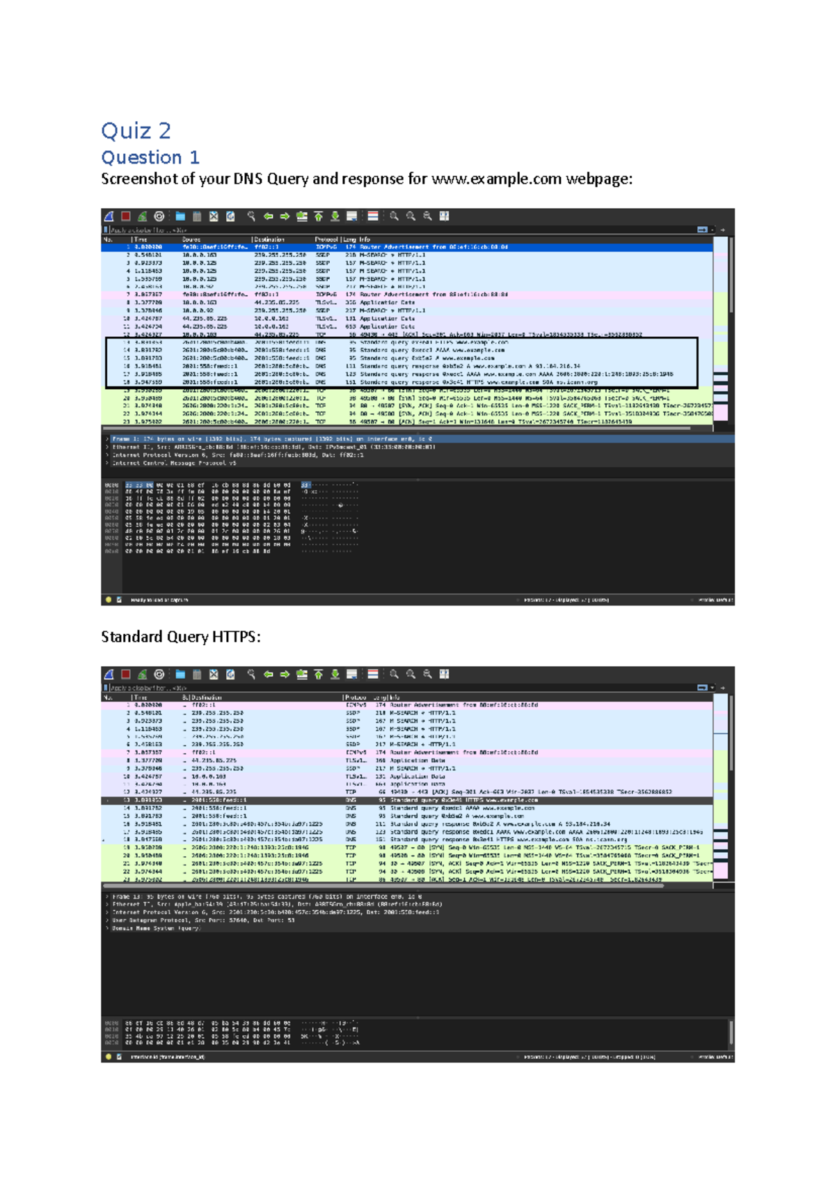 Quiz 2 Solution - Quiz 2 Question 1 Screenshot of your DNS Query and response for example ...