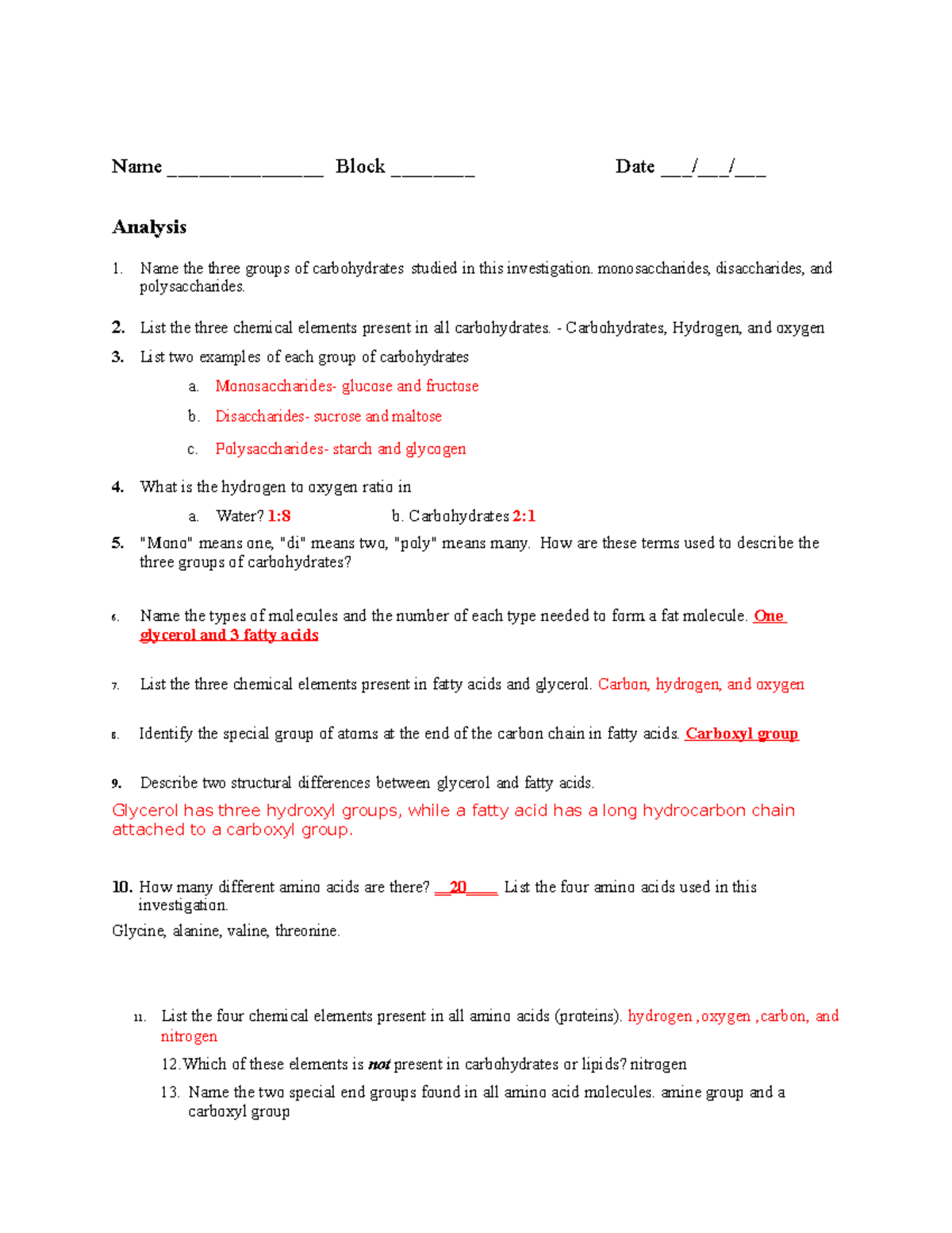 Organic Molecules Analysis - Name _______________ Block ________ Date ...