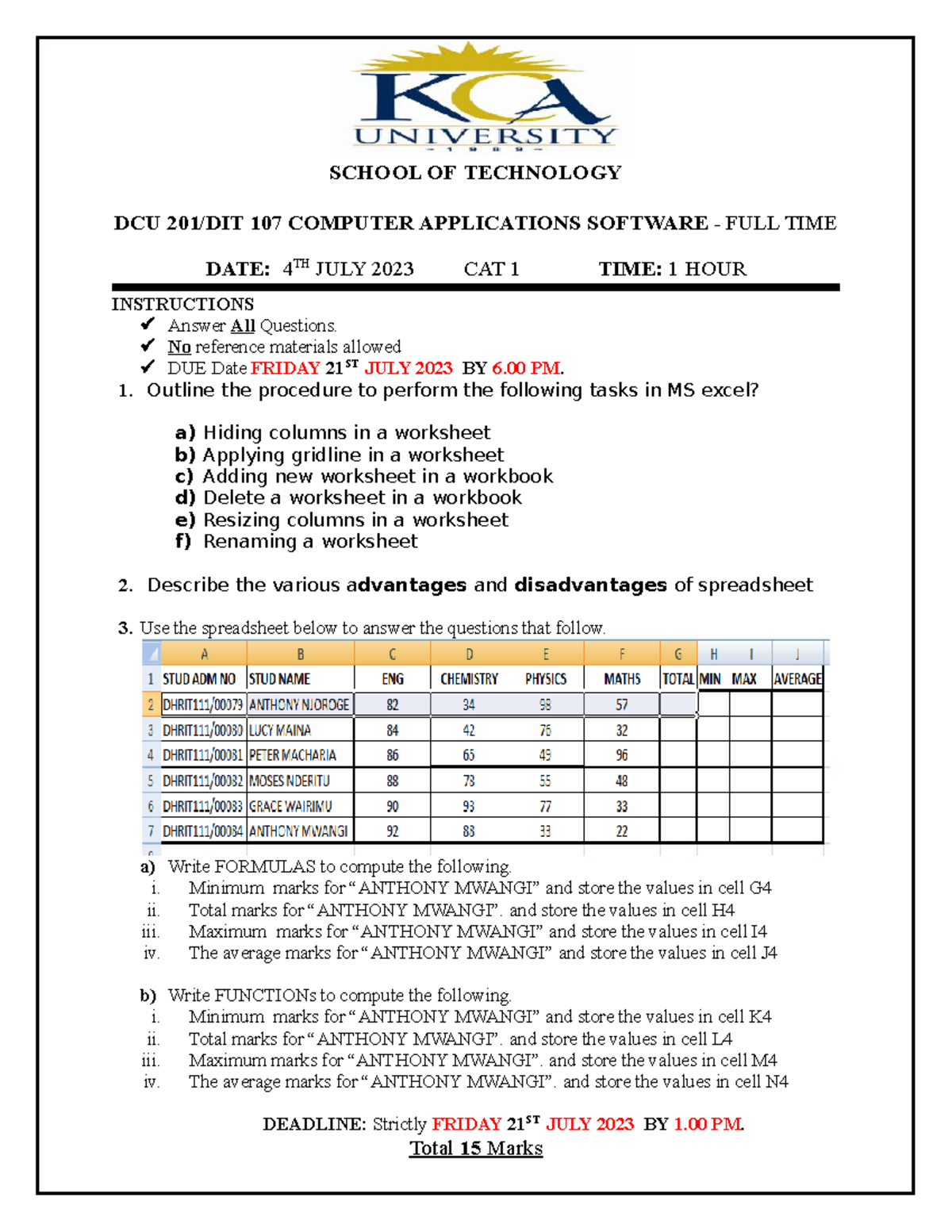 DCU 201 DIT 107 Computer Applications Software CAT 1 - SCHOOL OF ...
