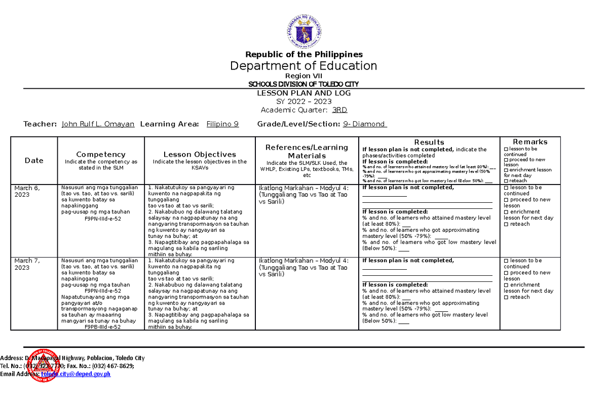 Filipino 9 WEEK 4- 3rd Q - DLP to be use in teaching. - Republic of the ...
