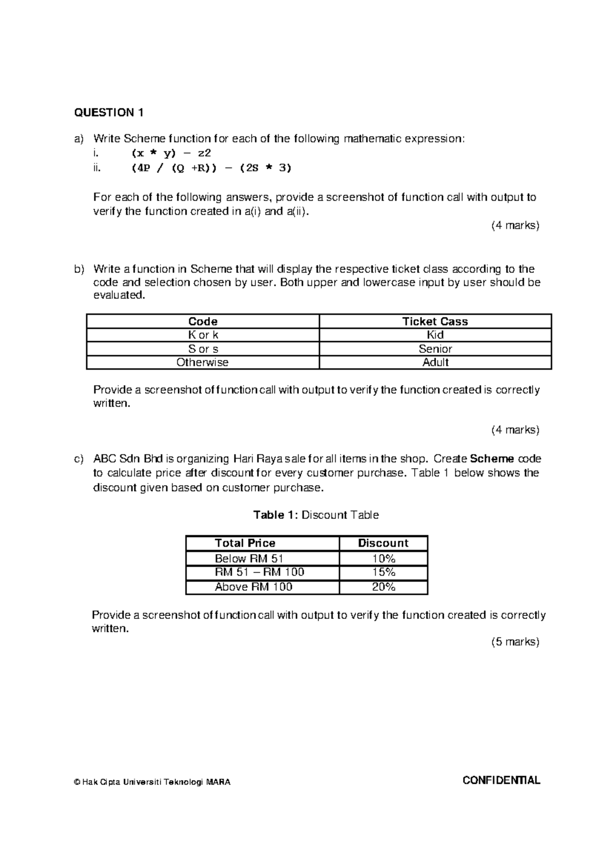 Lab Revision Prolog Exercise © Hak Cipta Universiti Teknologi Mara Confidential Question 1 A