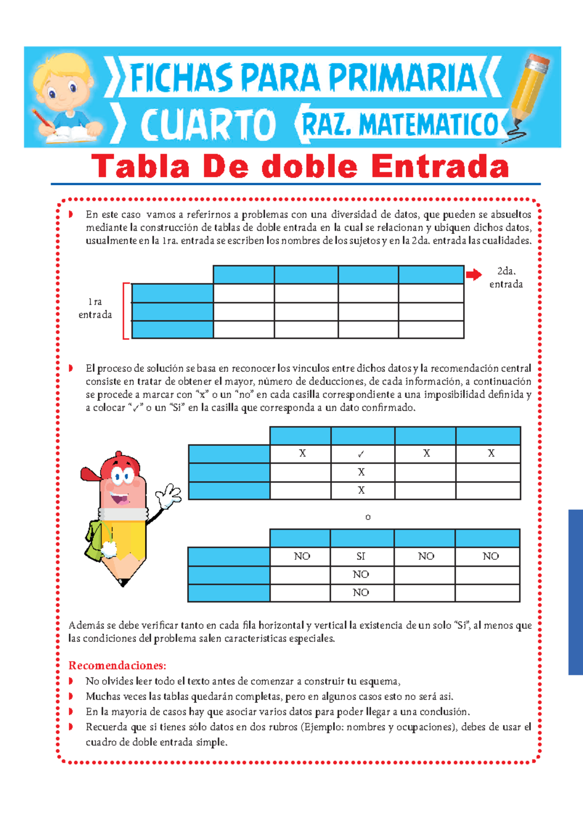 Tabla de Doble Entrada para Cuarto de Primaria - Z En este caso vamos a ...