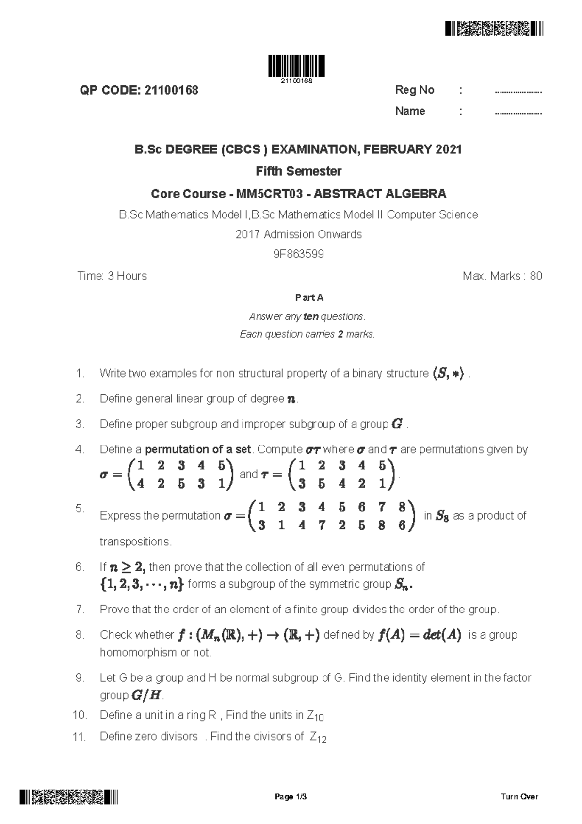 21100168 - It's abstract algebra question paper - QP CODE: 21100168 Reg ...