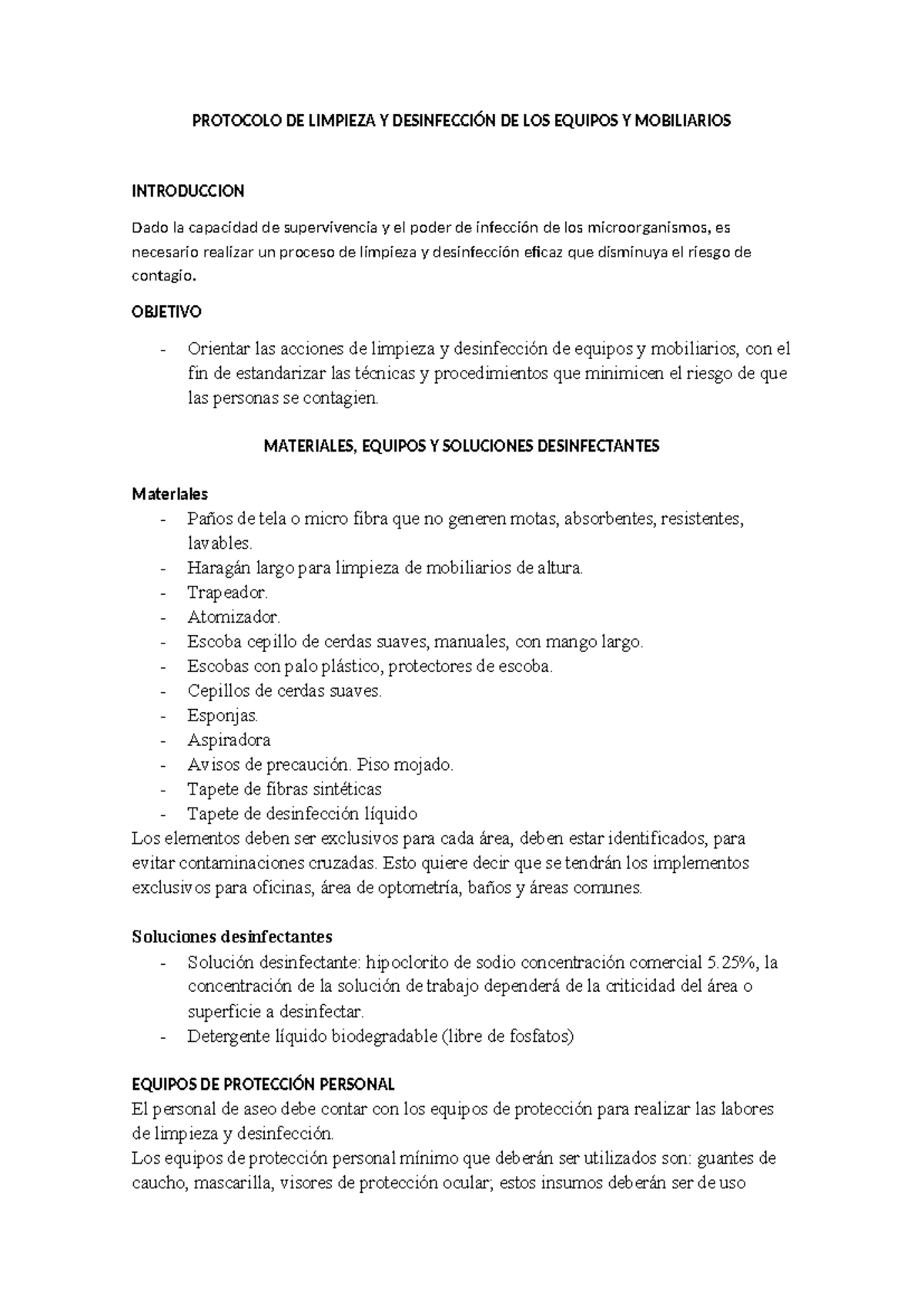 Protocolo DE Limpieza Y Desinfección DE LOS Equipos - PROTOCOLO DE LIMPIEZA Y DESINFECCIÓN DE ...