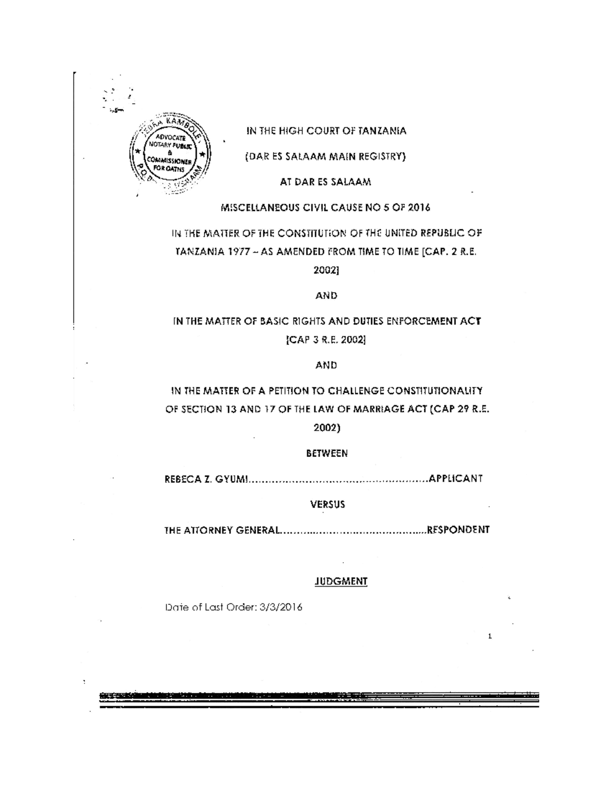 Rebecca Gyumi Case - JEBRA ADVOCATE KAMBOLE IN THE HIGH COURT OF ...