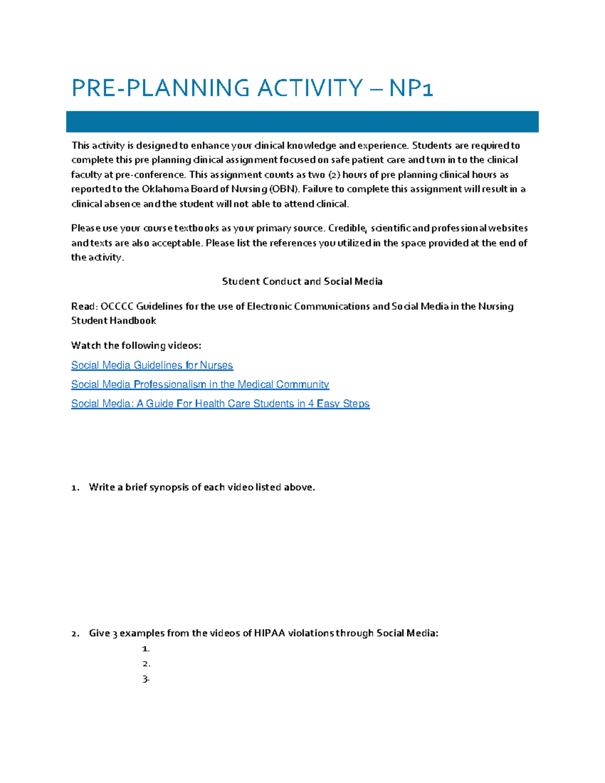 Pre Plan 4 Social Media student - PRE-PLANNING ACTIVITY – NP This ...