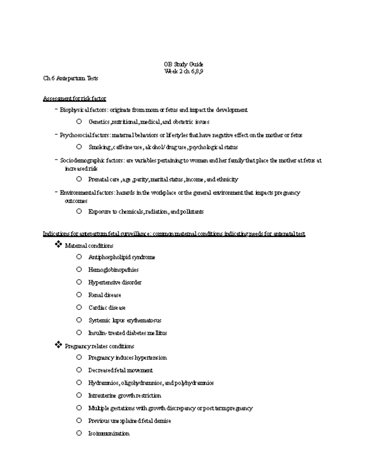 OB WEEK 2 - NOTES - OB Study Guide Week 2 ch 6,8, Ch 6 Antepartum Tests ...