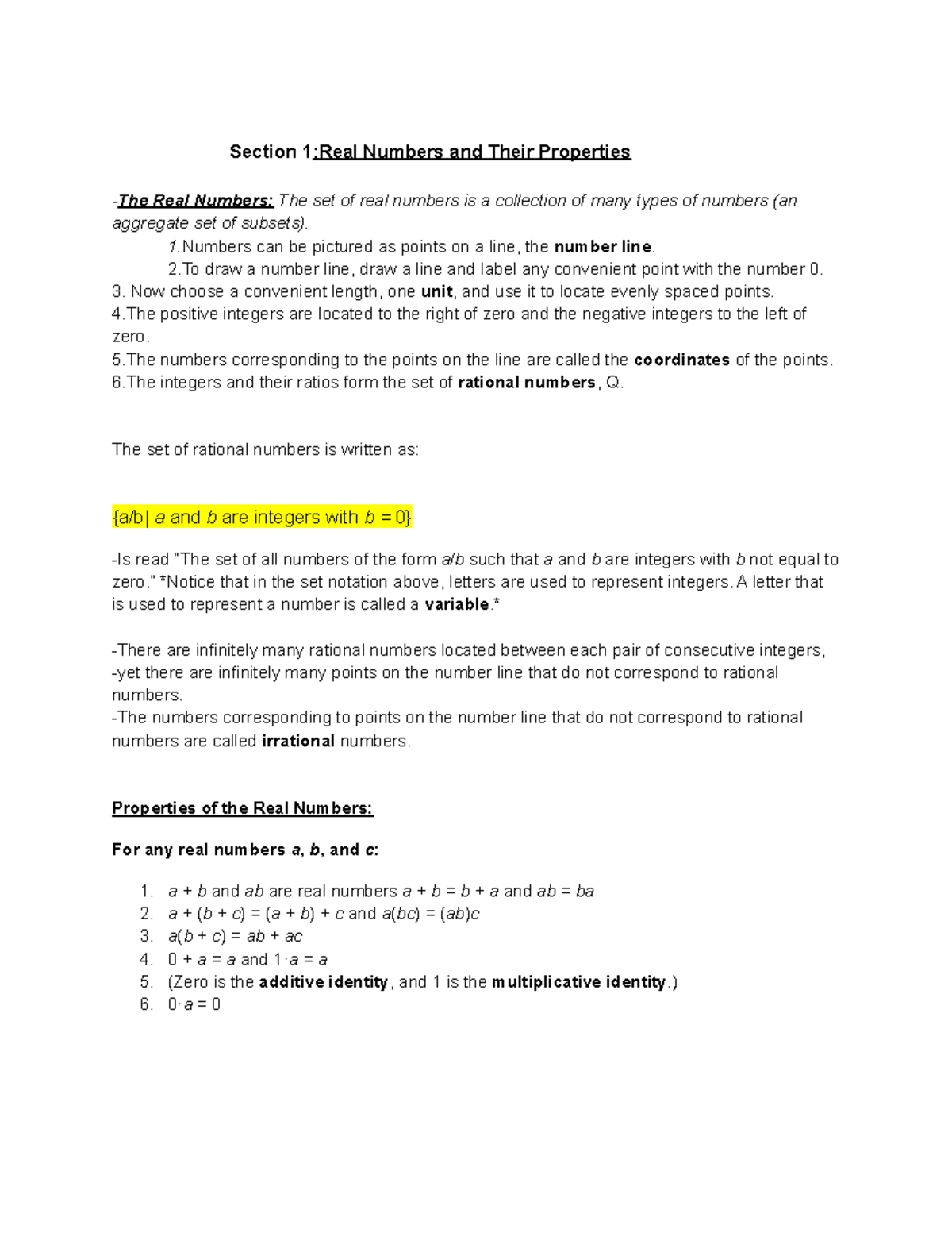 MAT 115 Notes Real Numbers and properties - Section 1:Real Numbers and ...