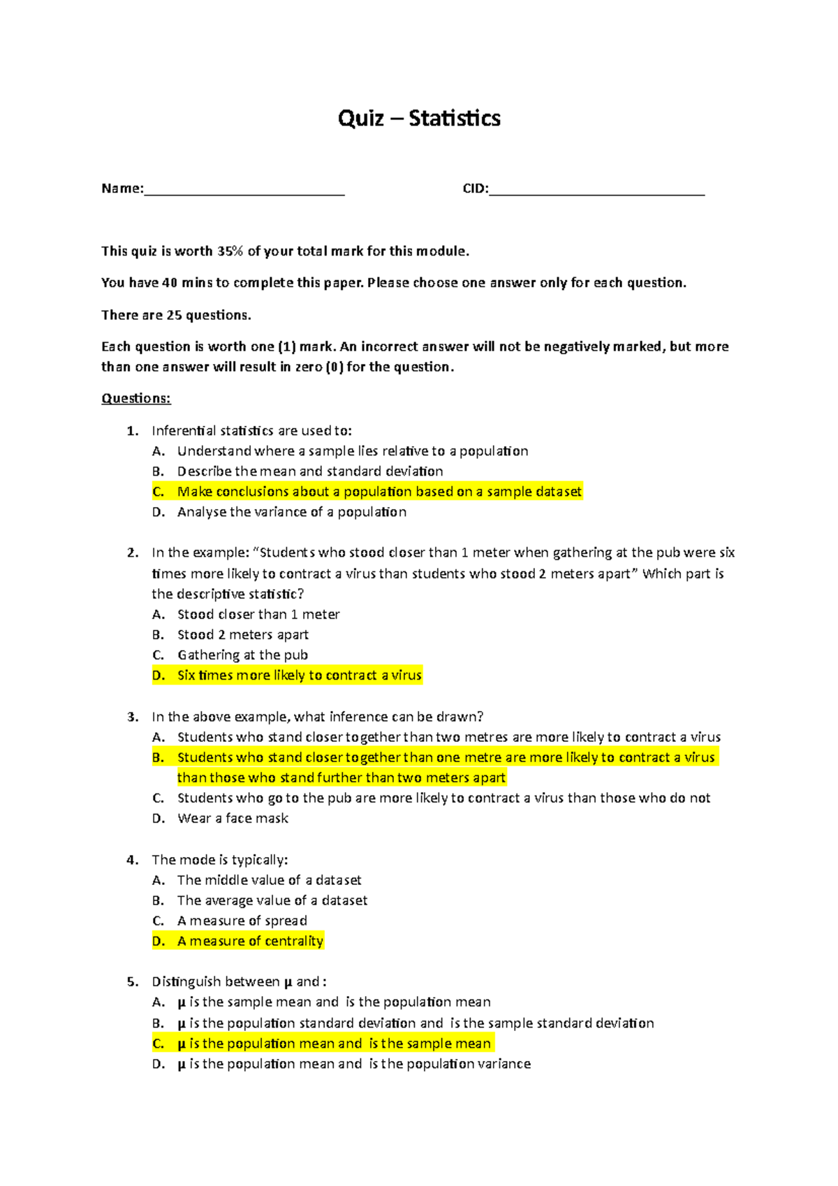 Quiz Revision - with answers - Quiz – Statistics Name ...