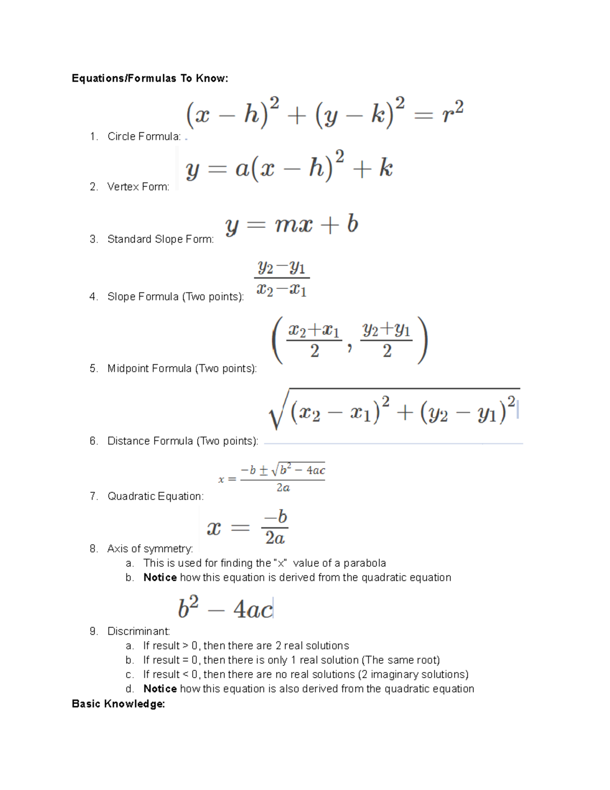 SAT Math Notes - sat review - Equations/Formulas To Know: Circle ...