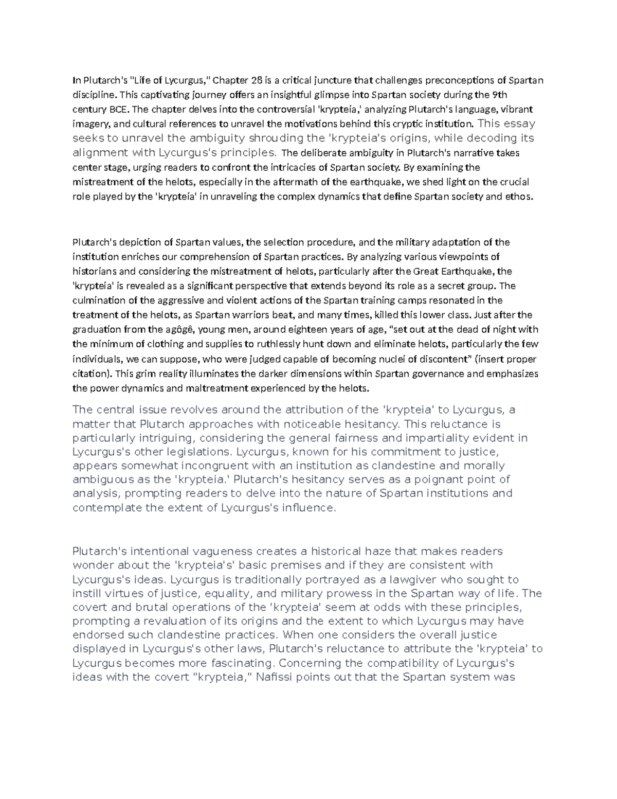 Final spartan paper final - In Plutarch's "Life of Lycurgus," Chapter ...