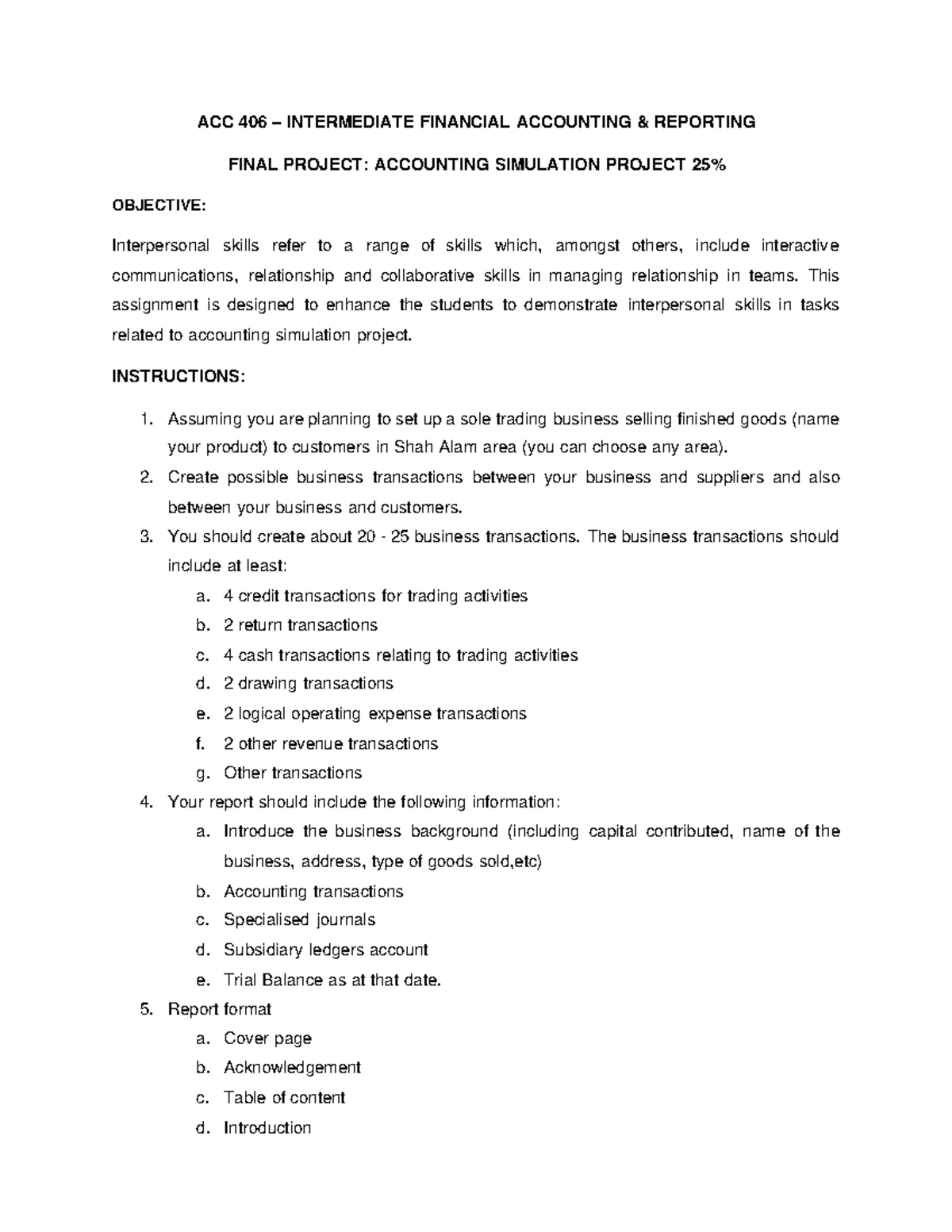 Final Project Accounting Simulation Project 25% - ACC 406 ...