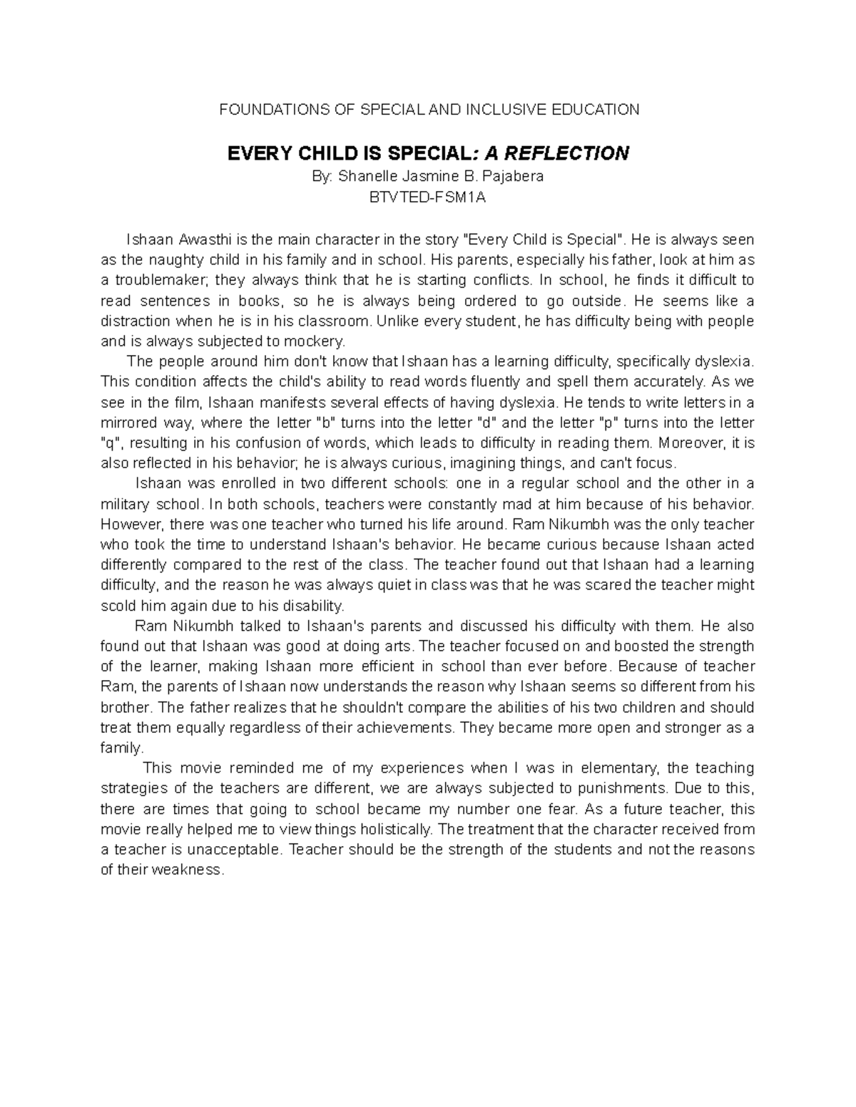 ECIS(Reflection) - Notes: assignments - FOUNDATIONS OF SPECIAL AND ...