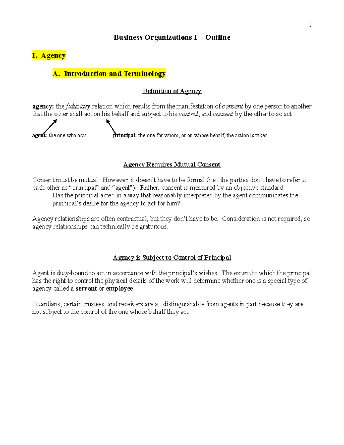 Biz Org Outlines - Business Organizations I – Outline I. Agency A ...