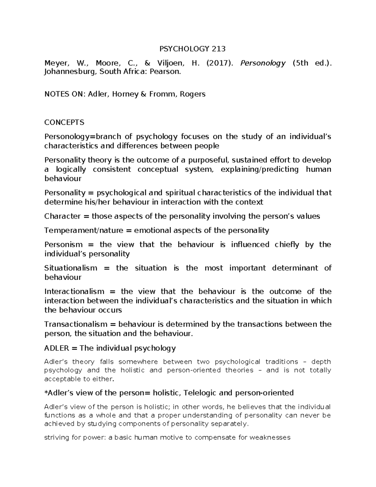 PSYCH 213 - Summary Personology - PSYCHOLOGY 213 Meyer, W., Moore, C., & Viljoen, H. (2017 ...