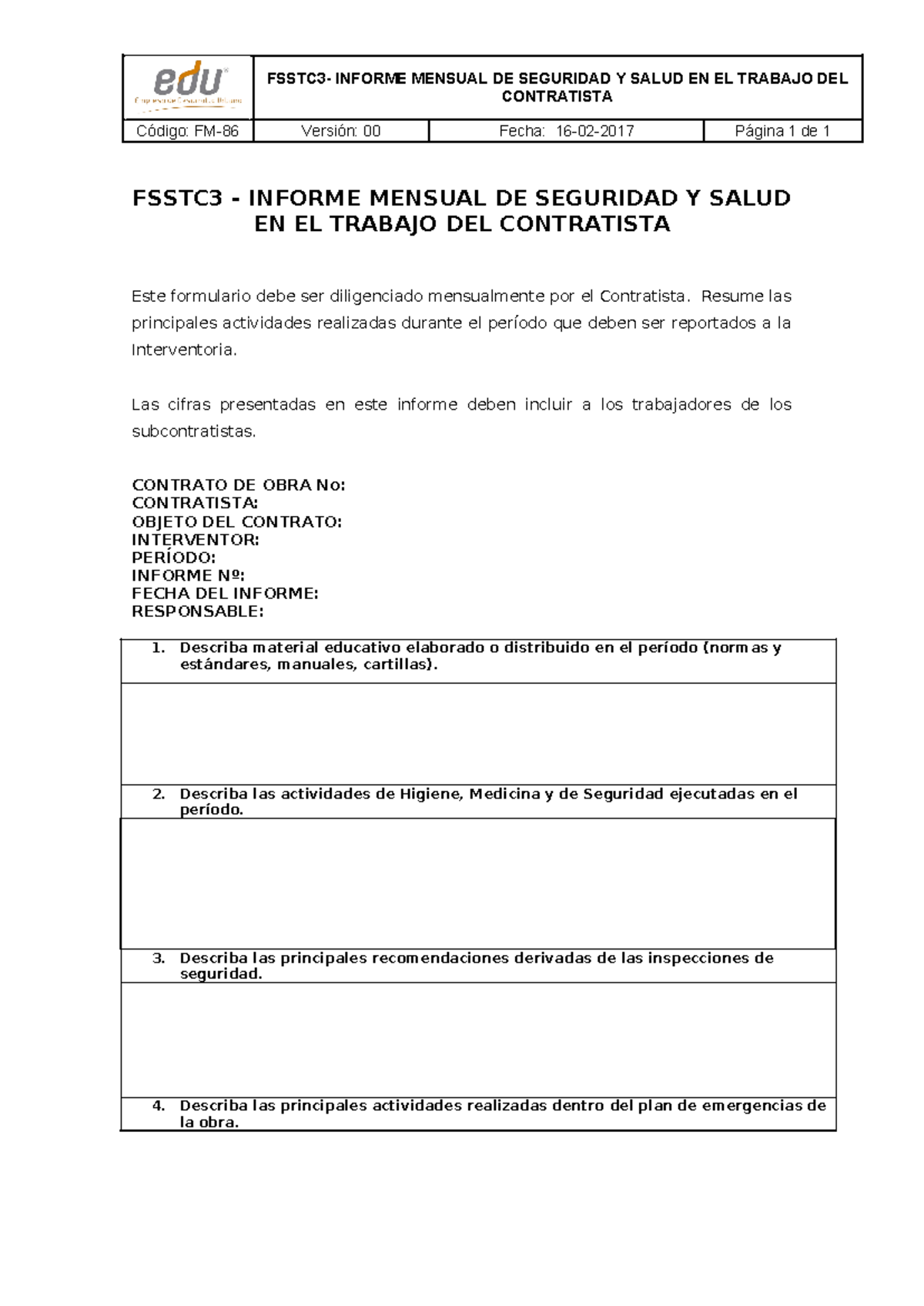 FM-86 Informe Mensual SST Contratista Fsstc 3 - FSSTC3- INFORME MENSUAL DE SEGURIDAD Y SALUD EN ...